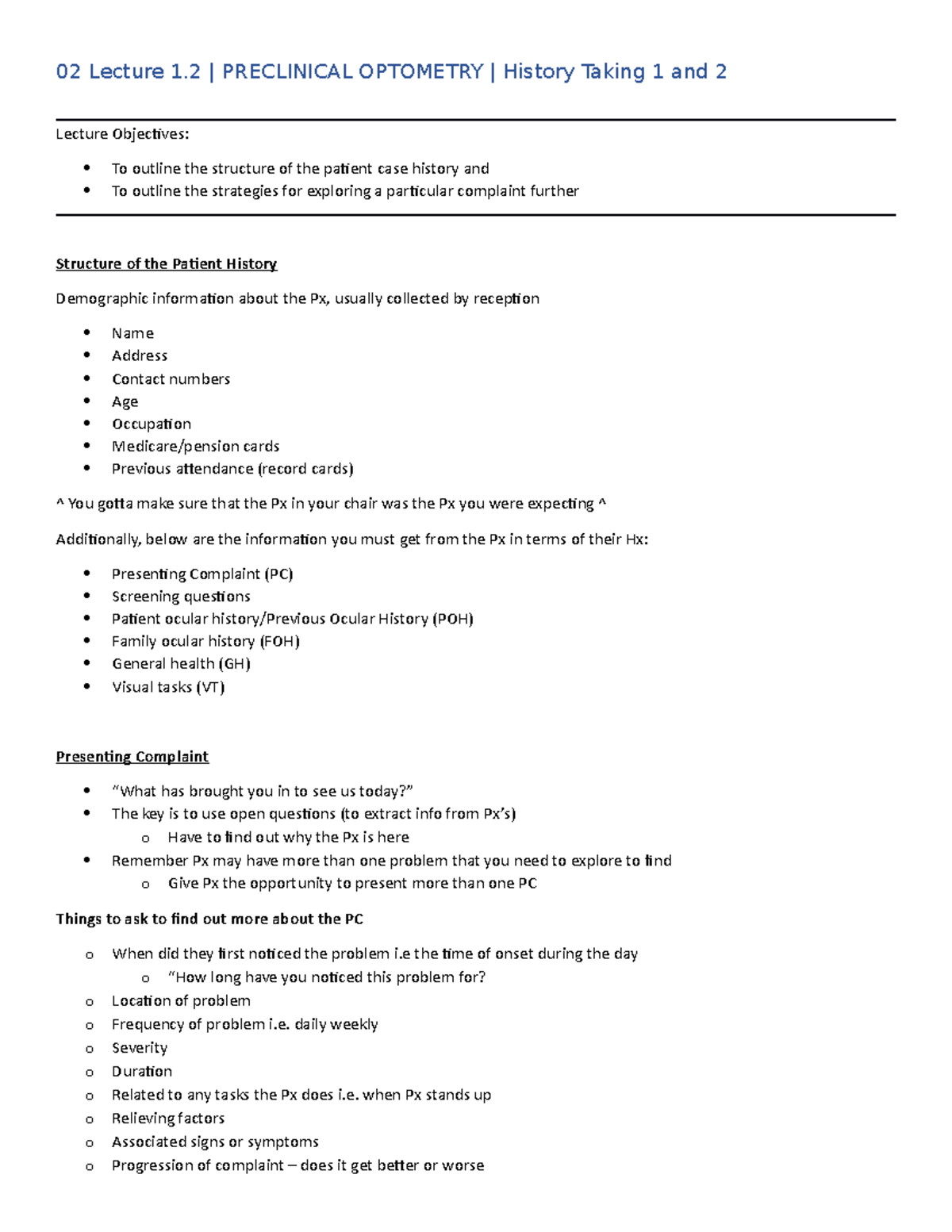 02 1 2 History Taking 1 AC 02 Lecture 1 PRECLINICAL OPTOMETRY 02-1-2-history-taking-1-ac-02-lecture-1-preclinical-optometry