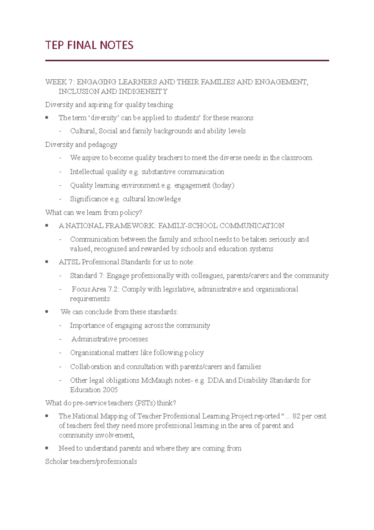 TEP Final Notes - TEP FINAL NOTES WEEK 7: ENGAGING LEARNERS AND THEIR ...