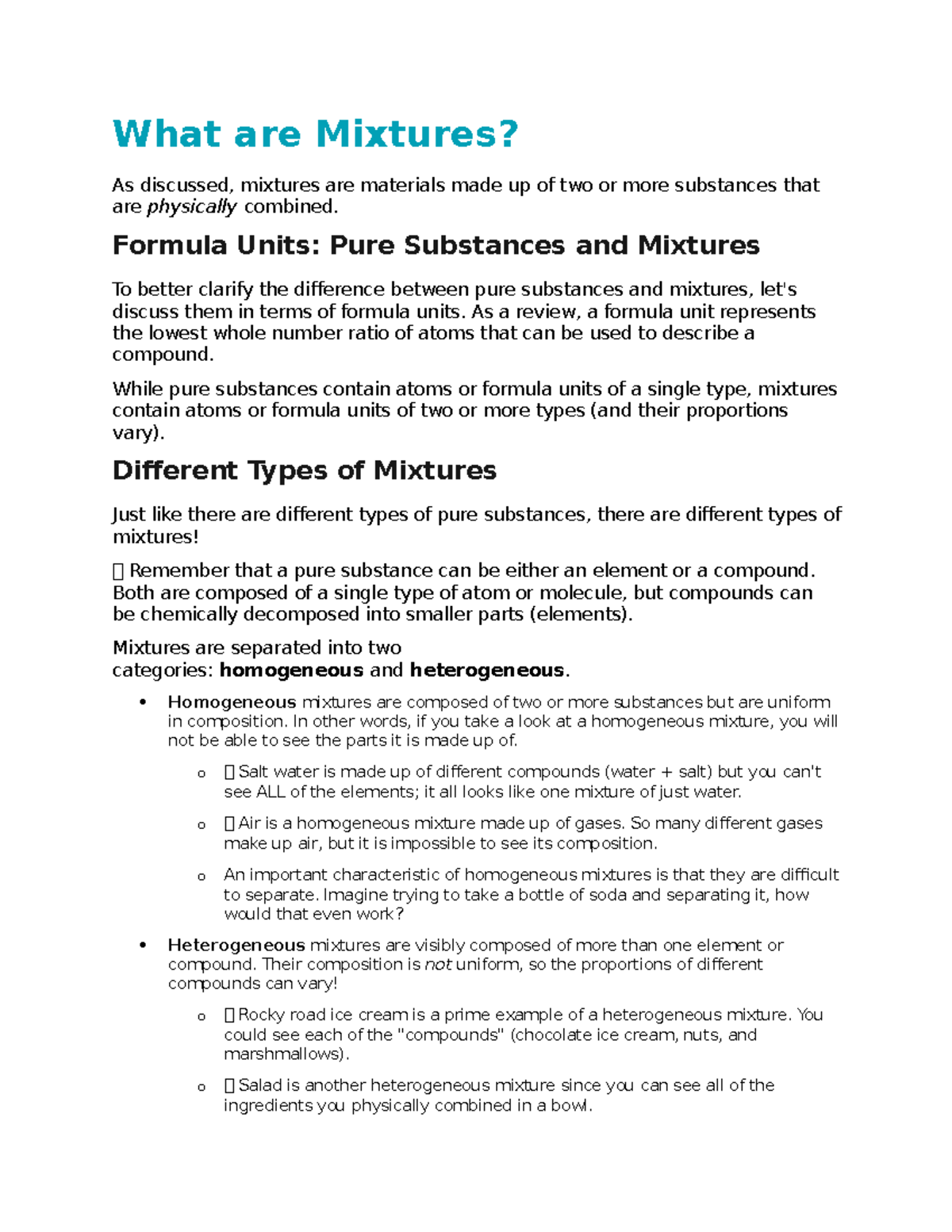 What are Mixtures - Class Notes - What are Mixtures? As discussed ...