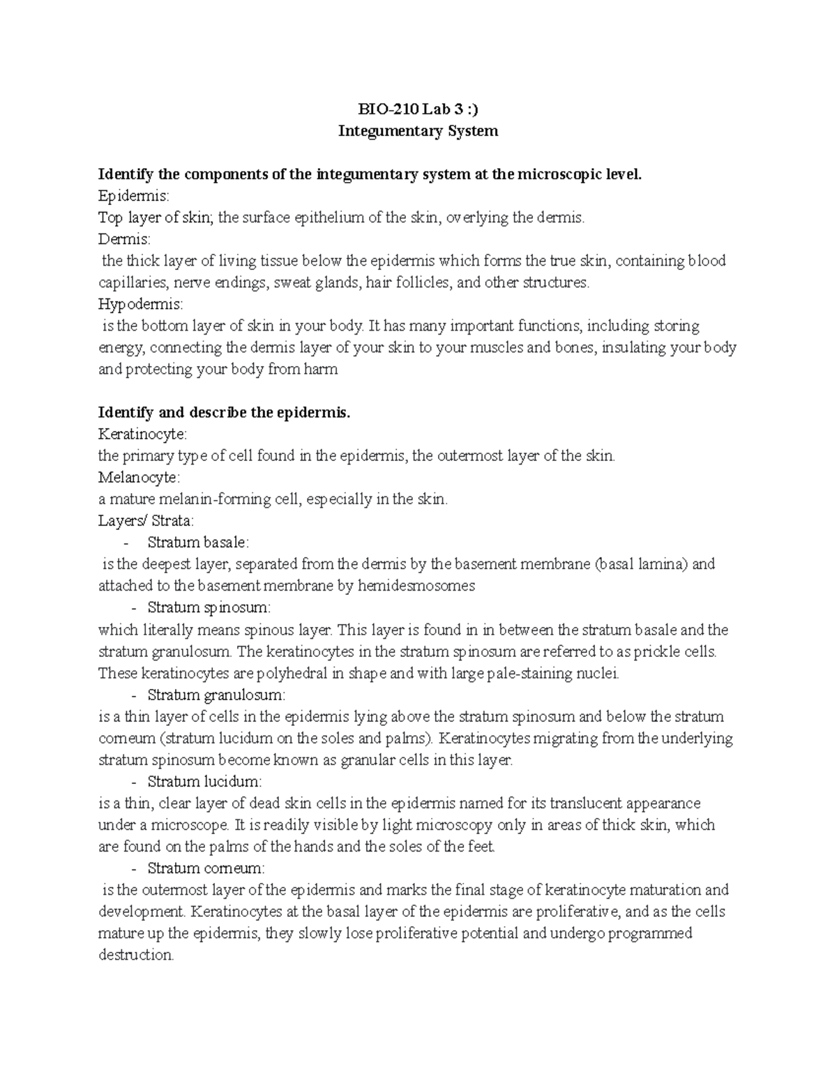 BIO-210 Lab 3 Terms List - BIO-210 Lab 3 :) Integumentary System Identify the components of the ...