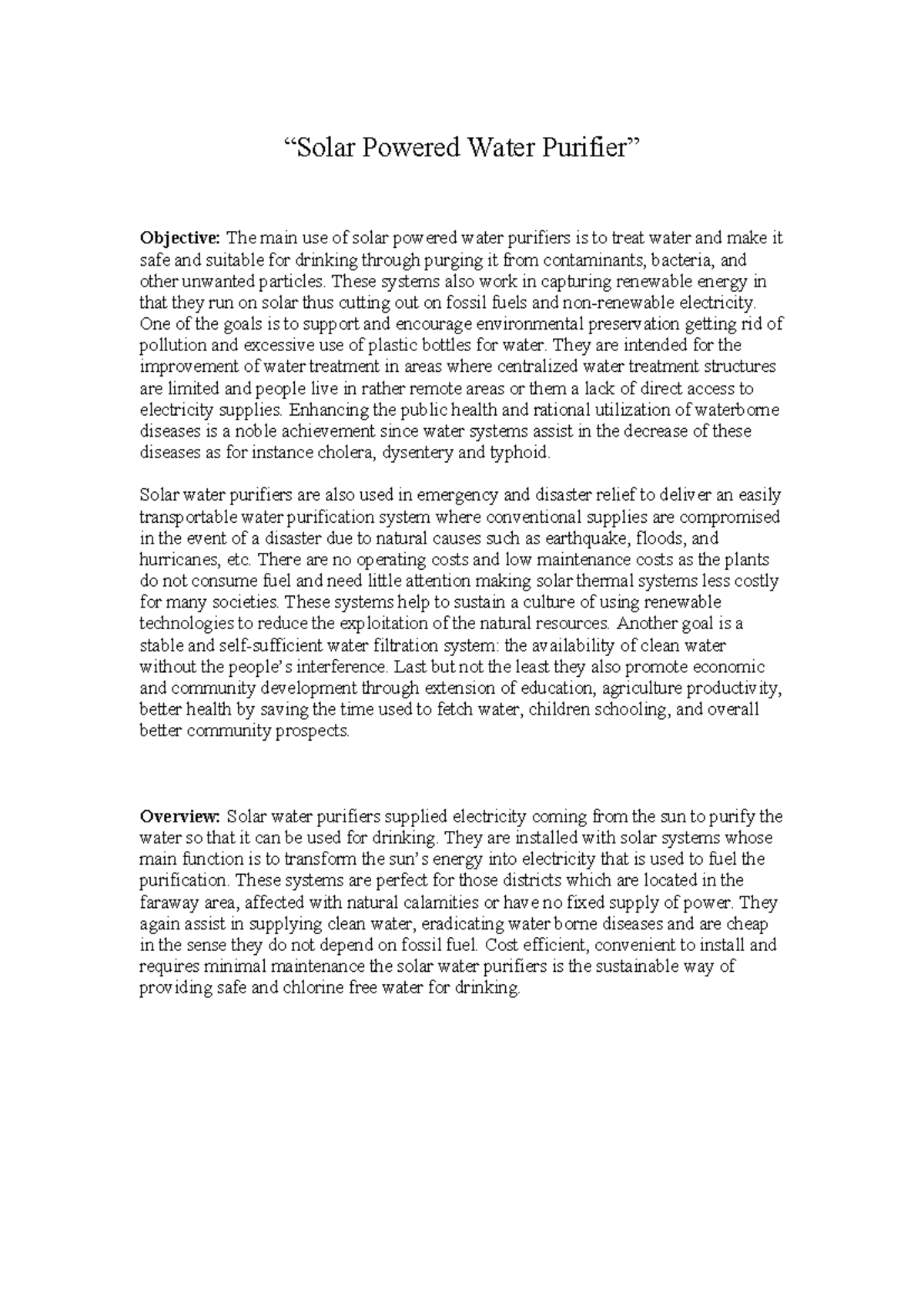 Solar Powered Water Purifier - “Solar Powered Water Purifier” Objective ...