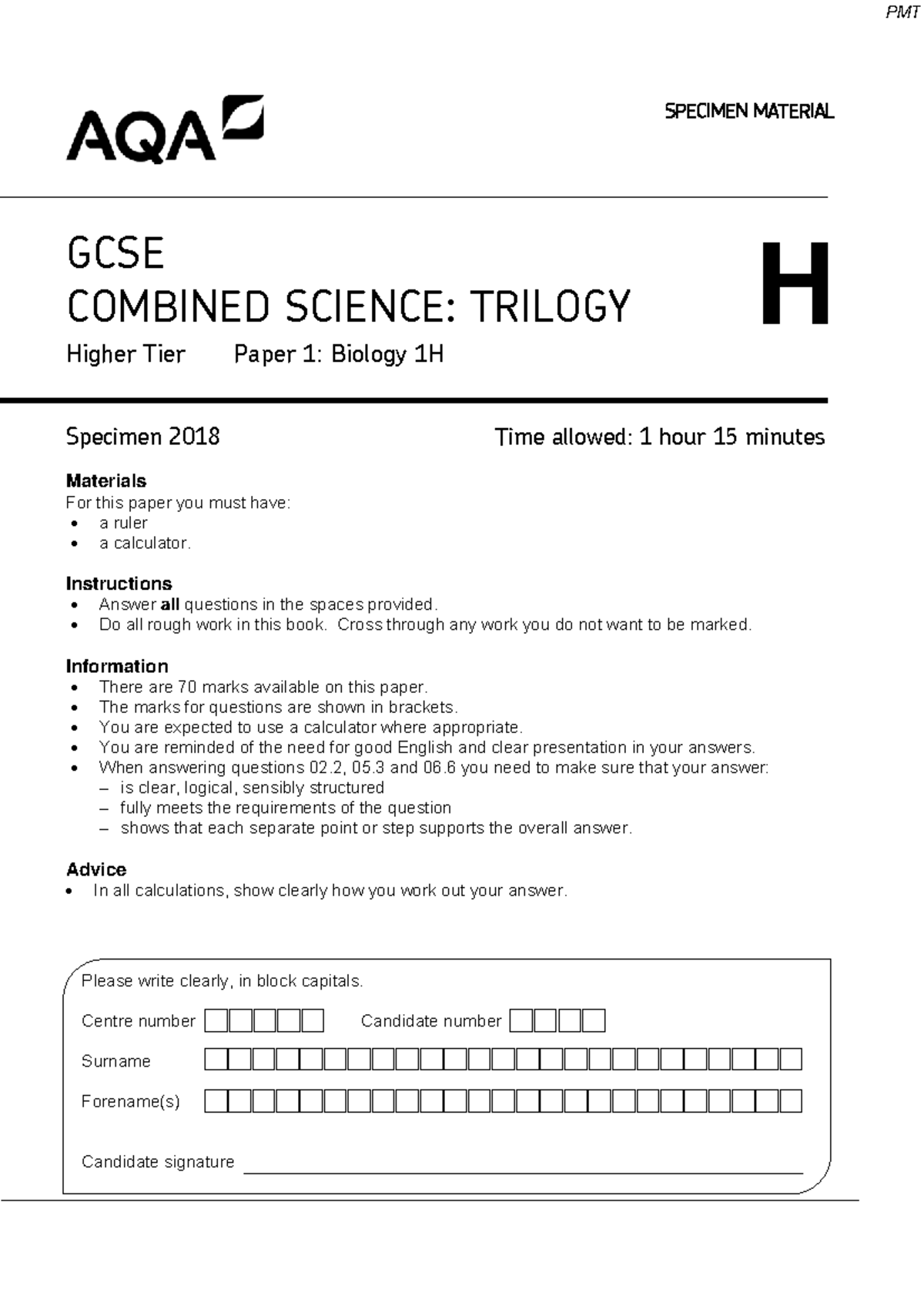 Specimen QP - SPECIMEN MATERIAL GCSE COMBINED SCIENCE: TRILOGY Higher ...