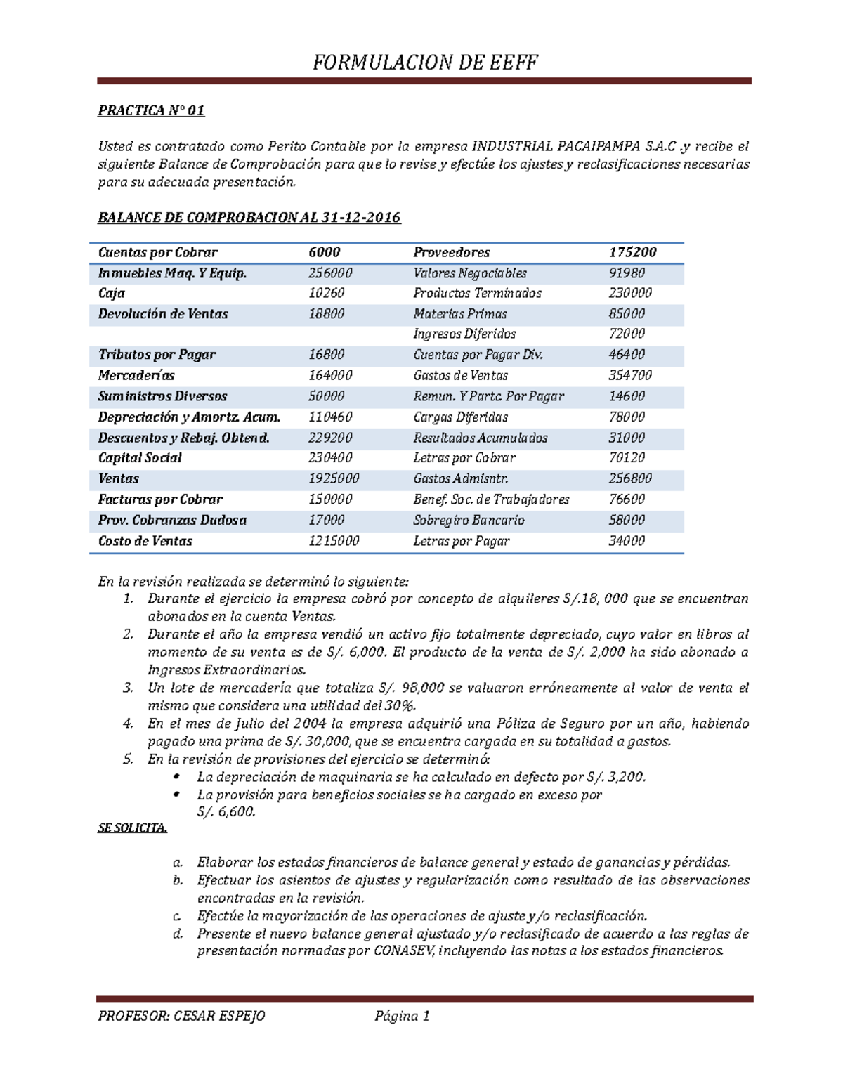 Practica Elaboracion EEFF - FORMULACION DE EEFF PRACTICA N° 01 Usted es contratado como Perito ...