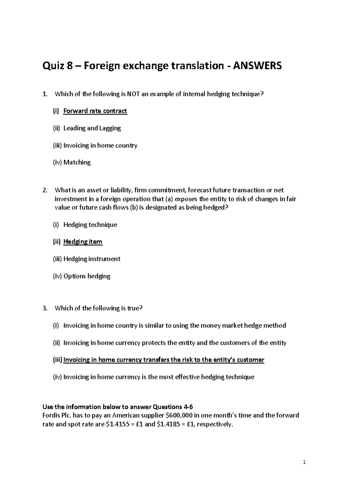 Answers Quiz Week 8 Foreign exchange translation - 1 Quiz 8 – Foreign ...