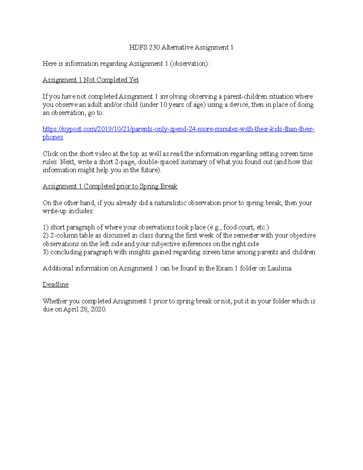 HDFS 230 Alternative Assignment 1 S20 - Next, write a short 2-page ...