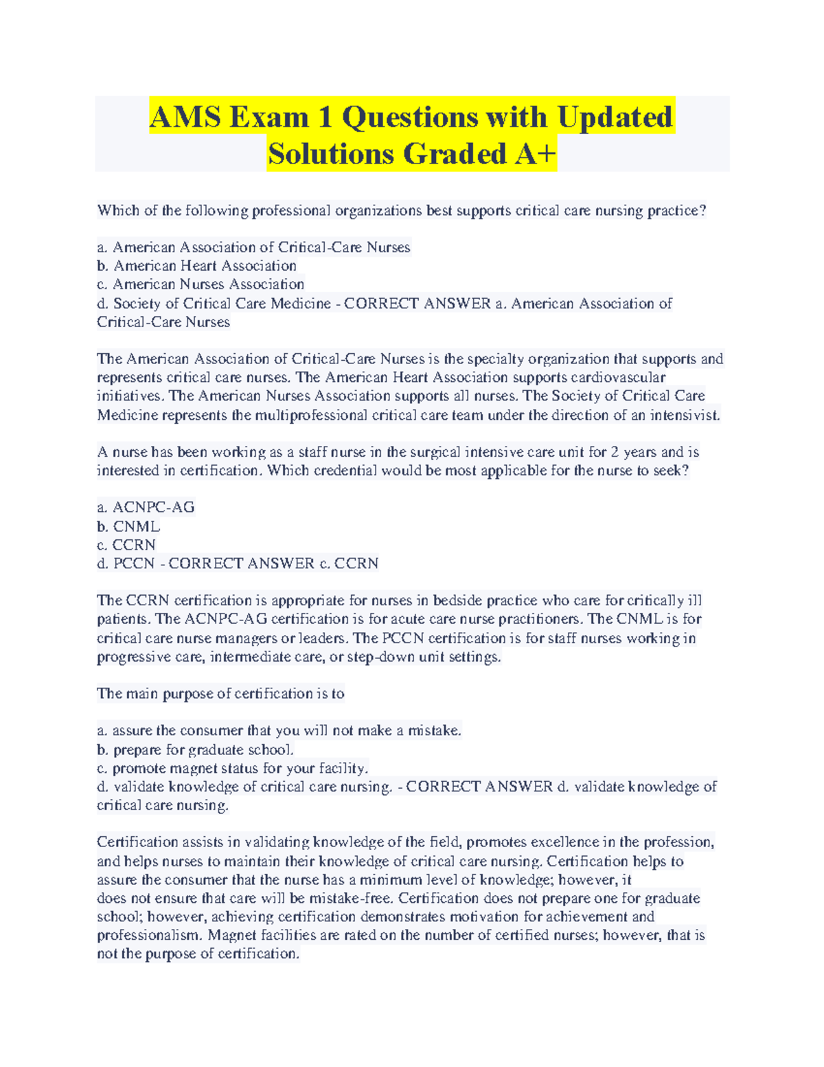 AMS Exam 1 Questions with Updated Solutions Graded A - American ...