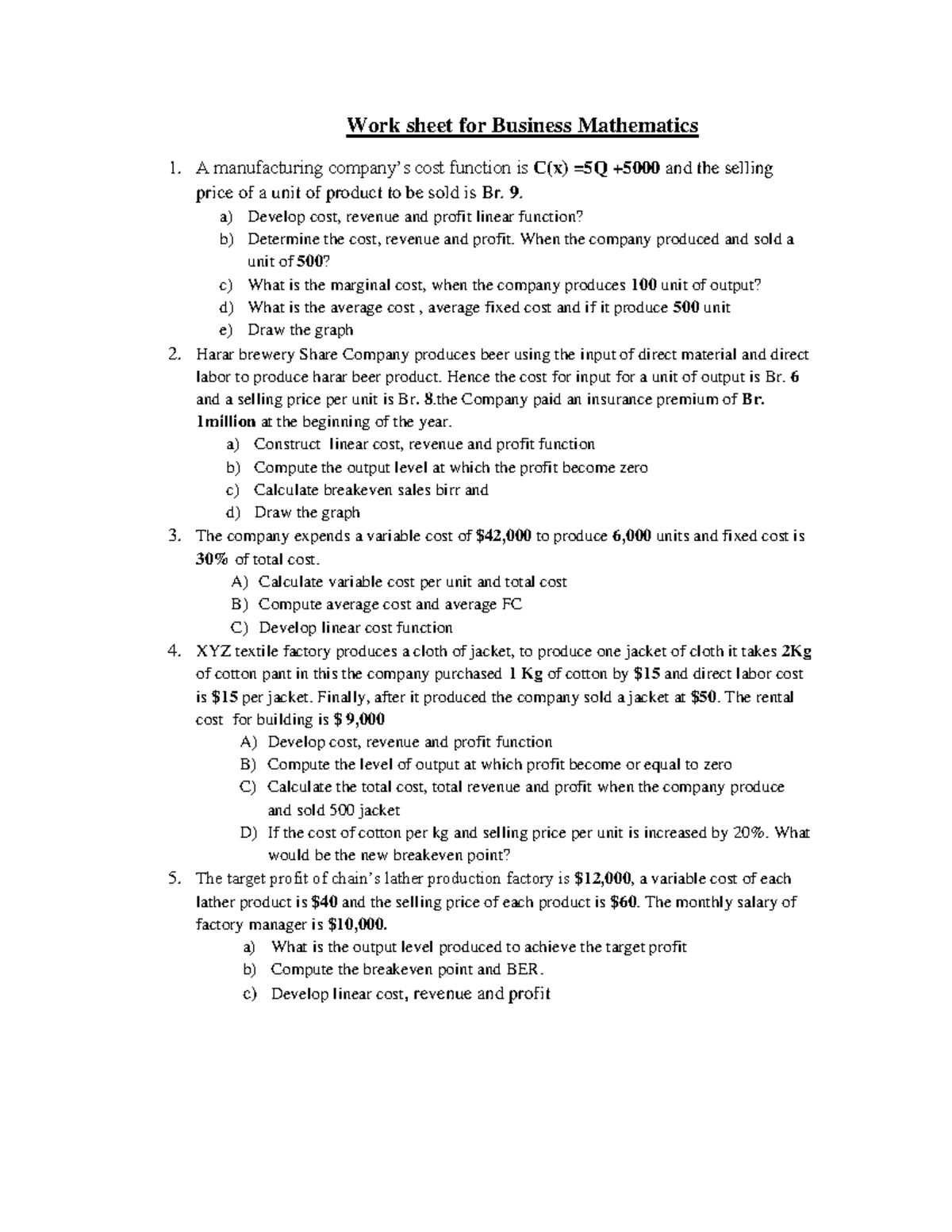 Work sheet for maths ch-1 - Work sheet for Business Mathematics 1. A ...