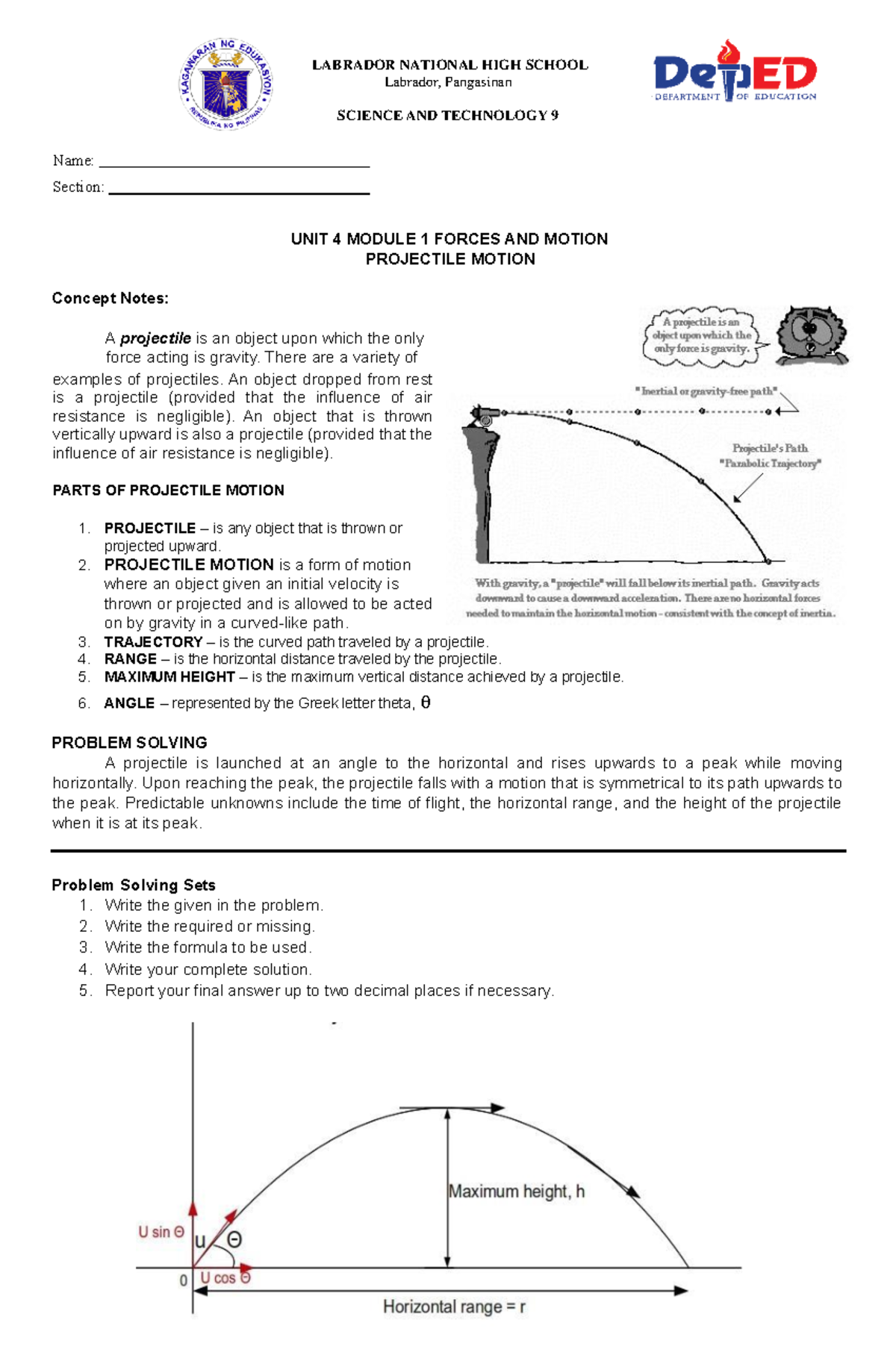 Projectile motion study guide - LABRADOR NATIONAL HIGH SCHOOL Labrador ...