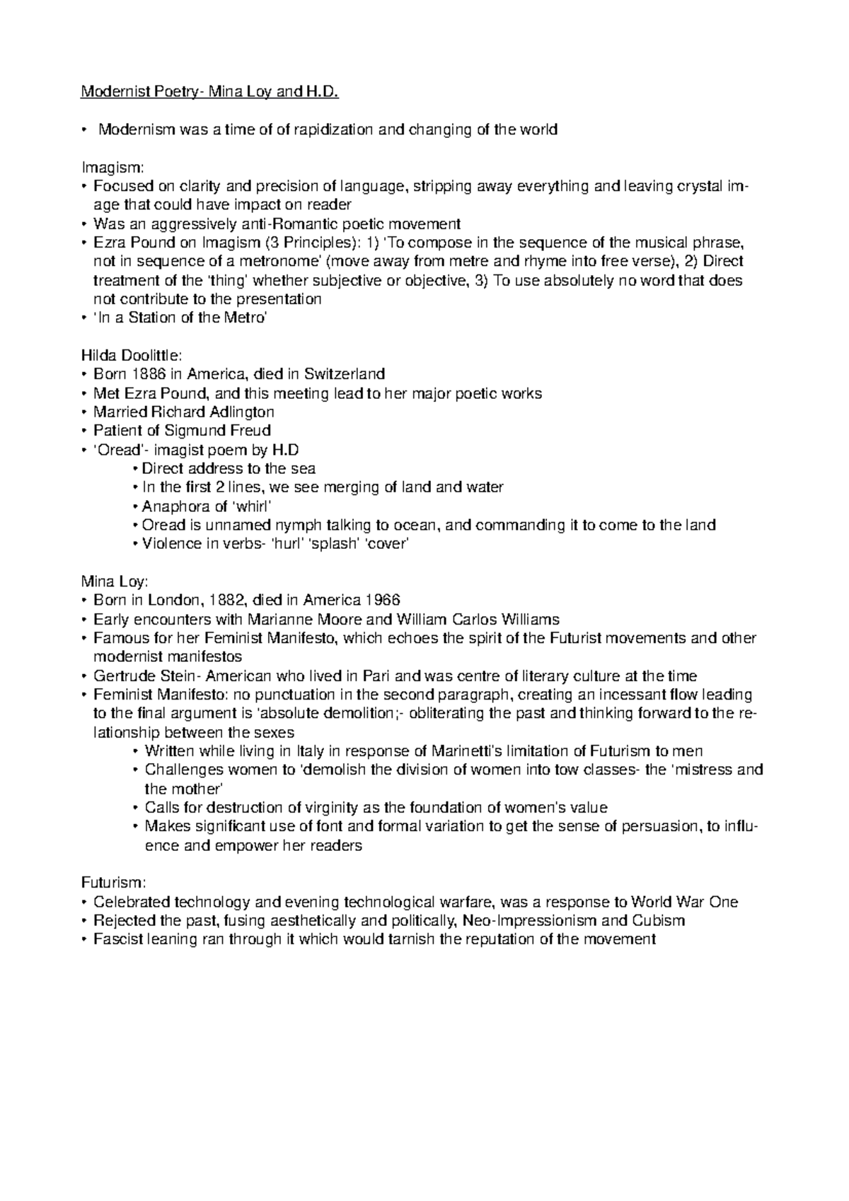 Modernist Poetry - Lecture notes 9 - Modernist Poetry- Mina Loy and H ...