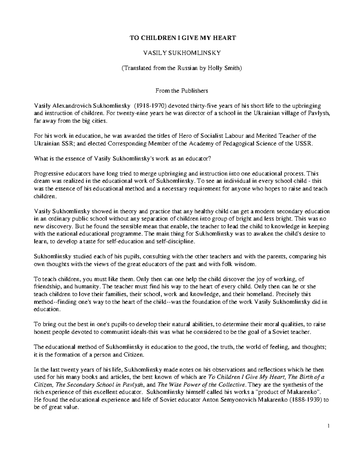 To Children I Give My Heart (Sukhomlinsky, 1981) - TO CHILDREN I GIVE ...