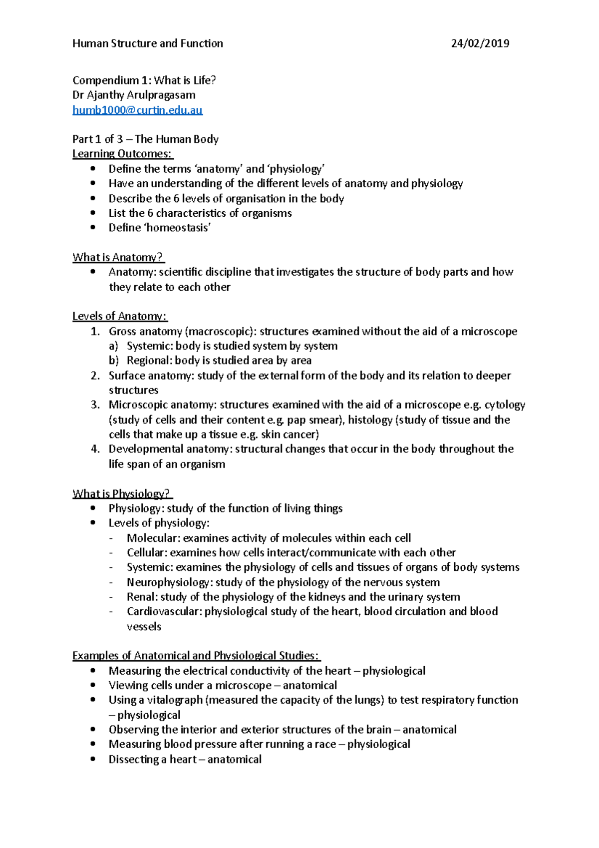 Compendium 1 - Lecture notes 1 - Human Structure and Function 24/02 ...