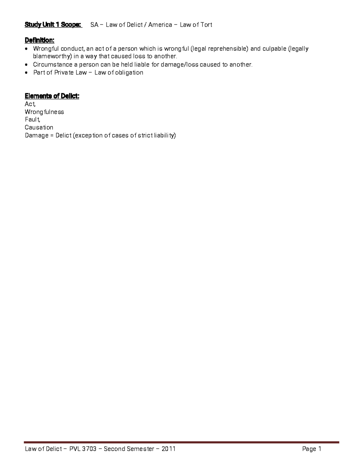 PVL3703-delict study notes - Study Unit 1 Scope: SA – Law of Delict ...