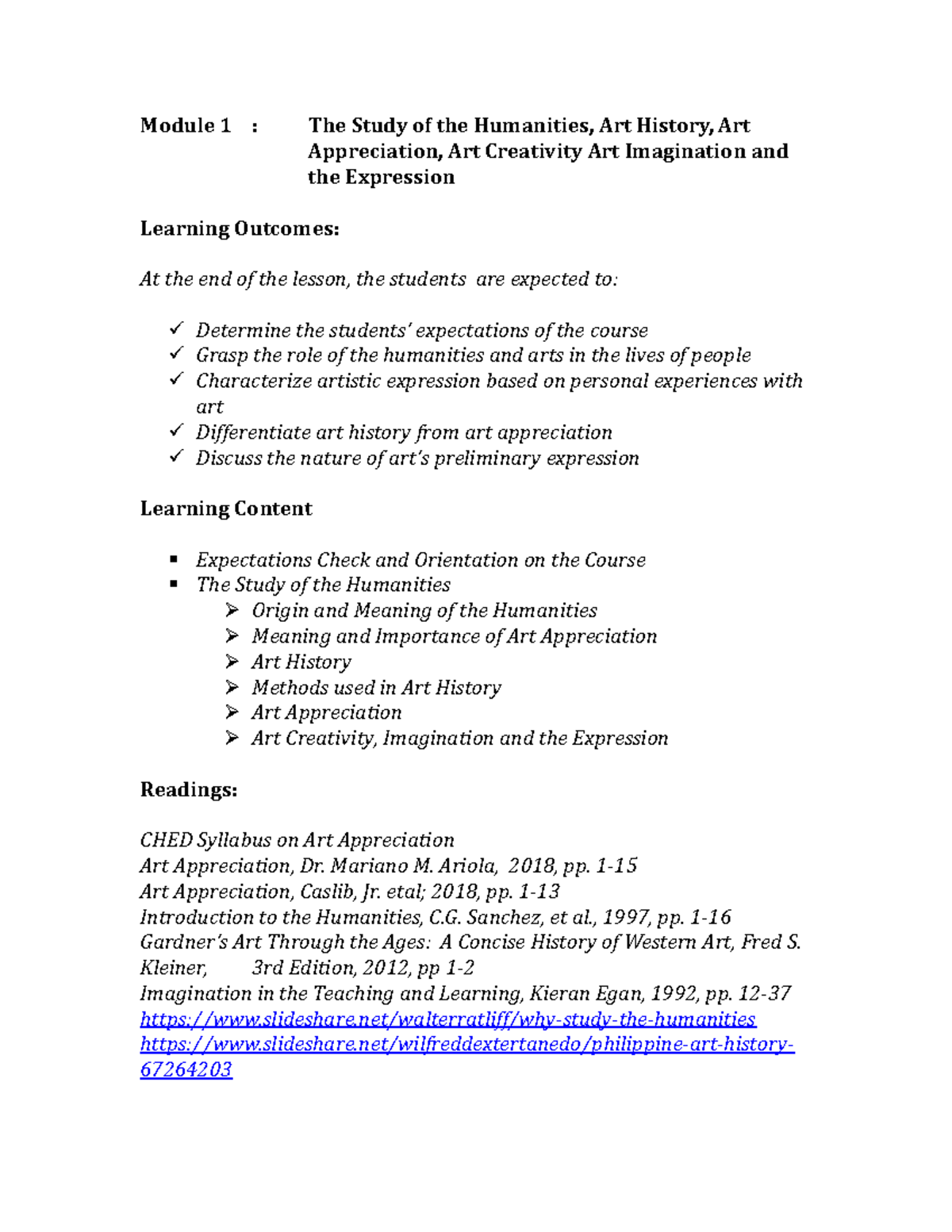 OCC FCA Module 1 Art Appre - Module 1 : The Study of the Humanities, Art History, Art ...