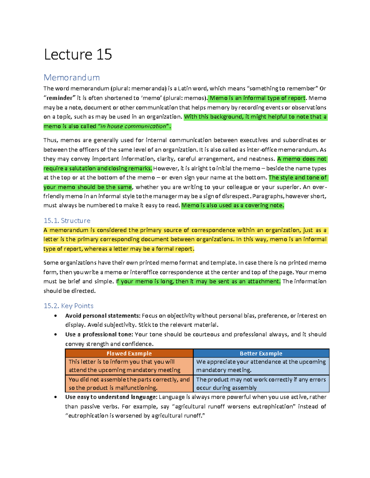 HUM102 Handouts Lecture 15 - Lecture 15 Memorandum The word memorandum ...