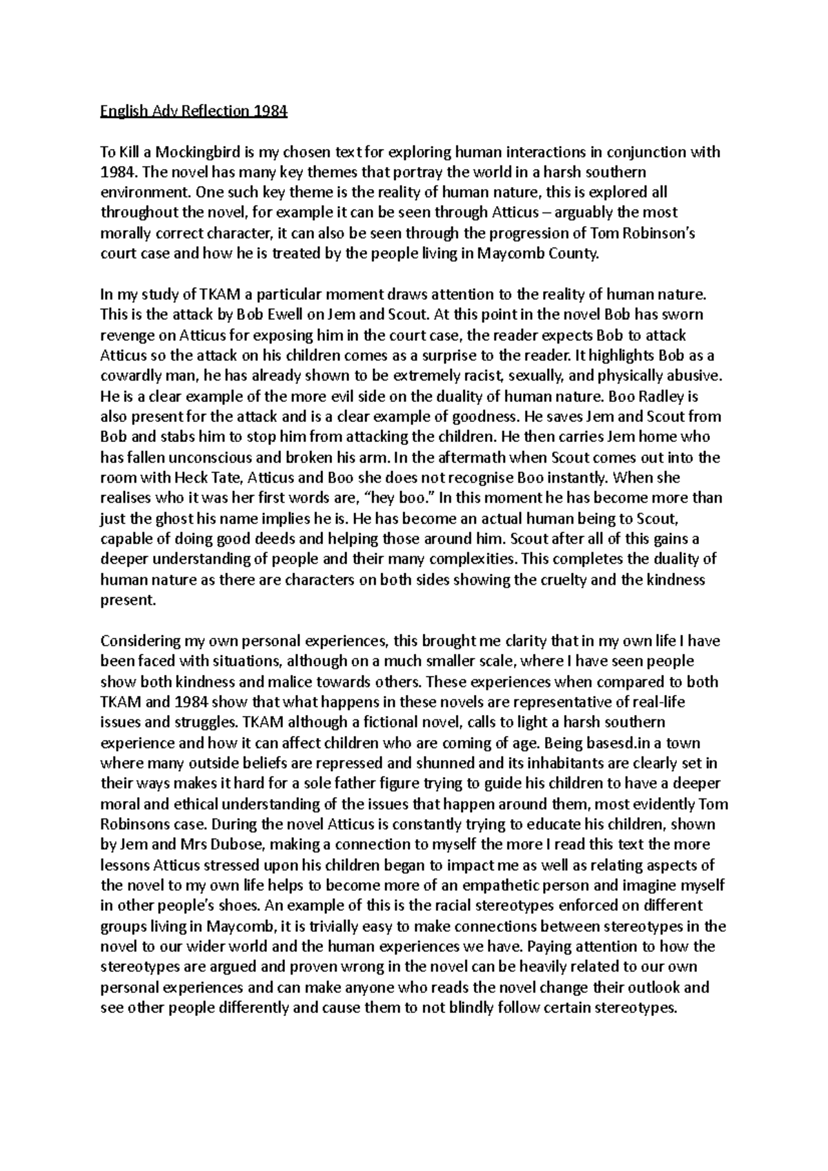 Eng Adv Reflection 1984 - English Adv Reflection 1984 To Kill a ...