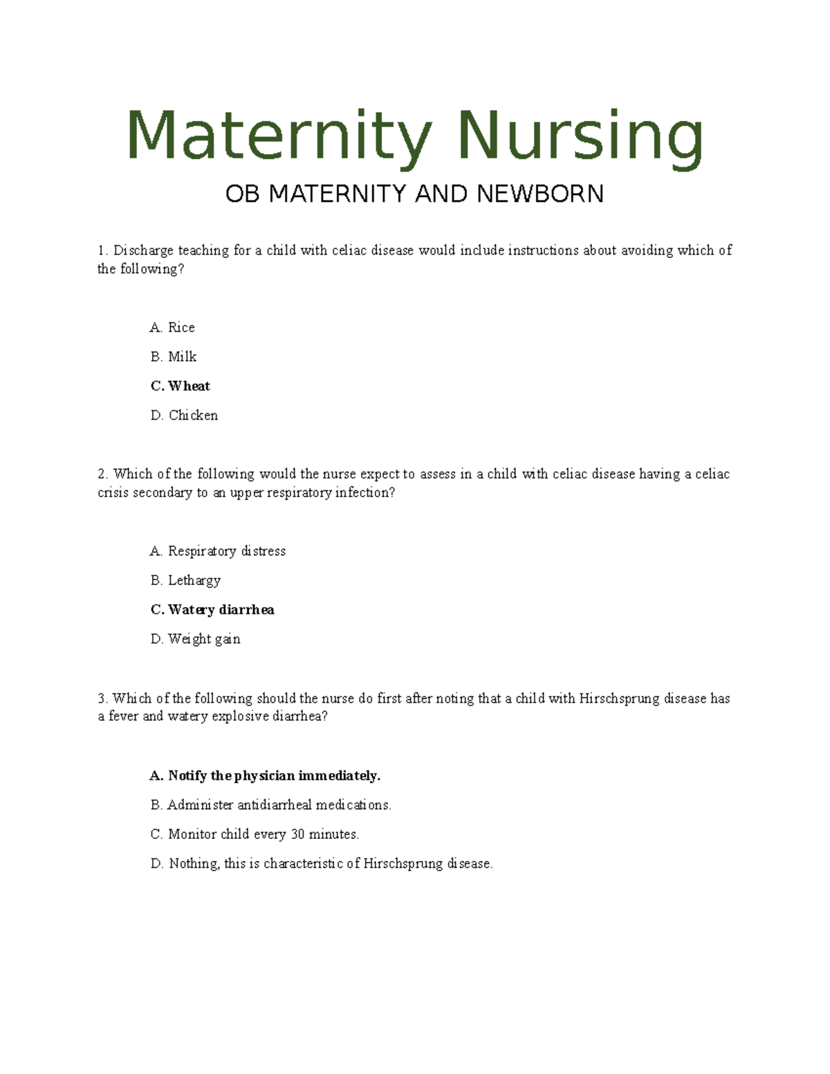 Maternity Nursing 13 - test questions - Maternity Nursing OB MATERNITY ...