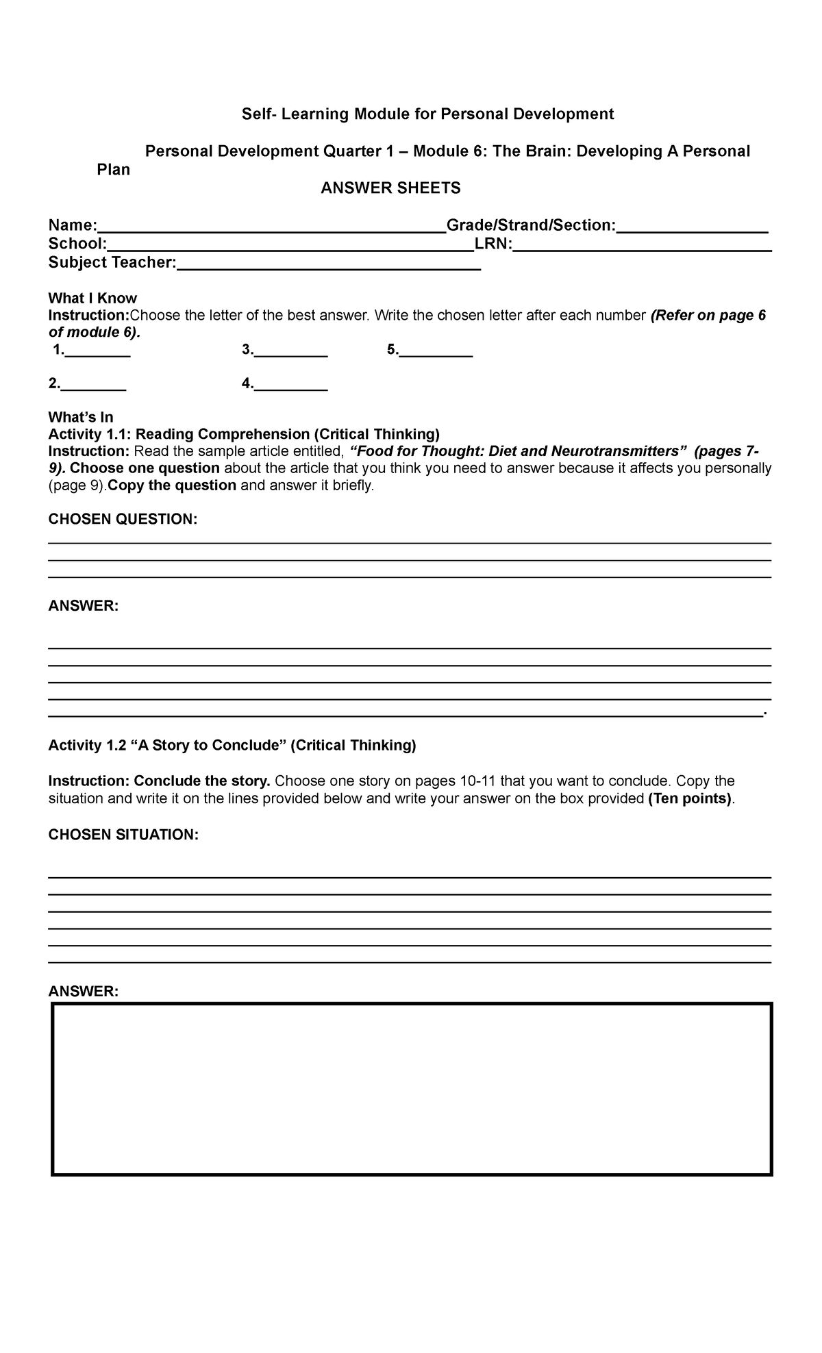 Perdev Answer Sheets QTR 1 Module 6 - Self- Learning Module for ...