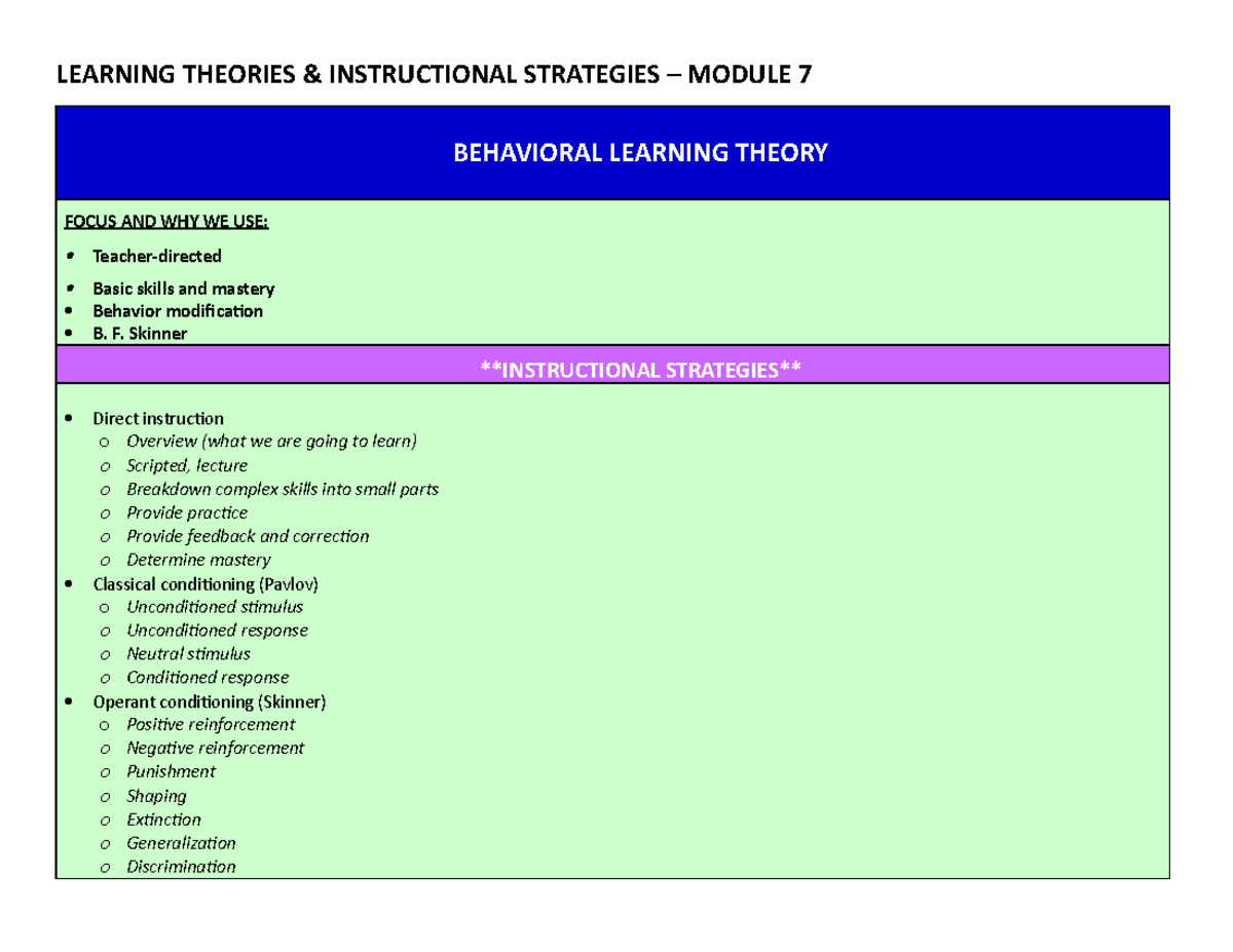 Module 7 - Learning Theory 12 - LEARNING THEORIES & INSTRUCTIONAL ...