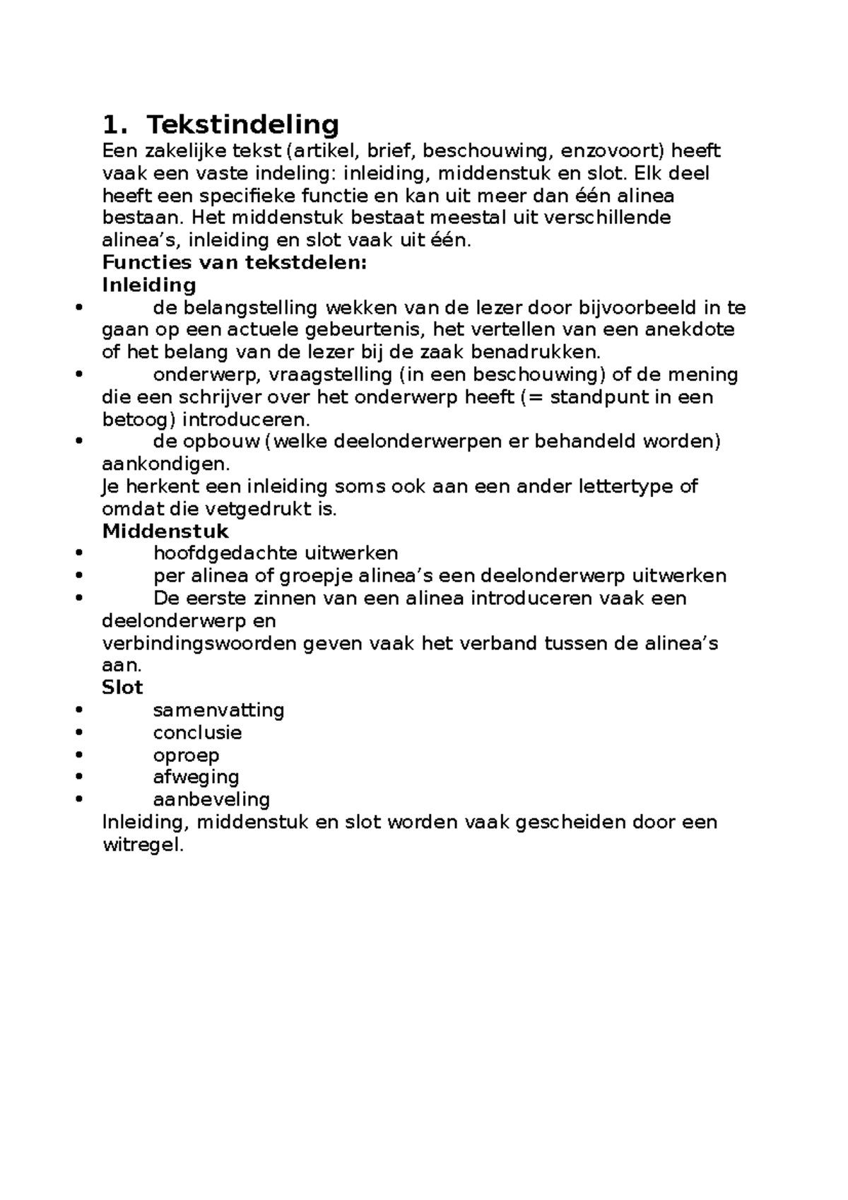 Nederlands tekst begrip samenvatting - 1. Tekstindeling Een zakelijke ...