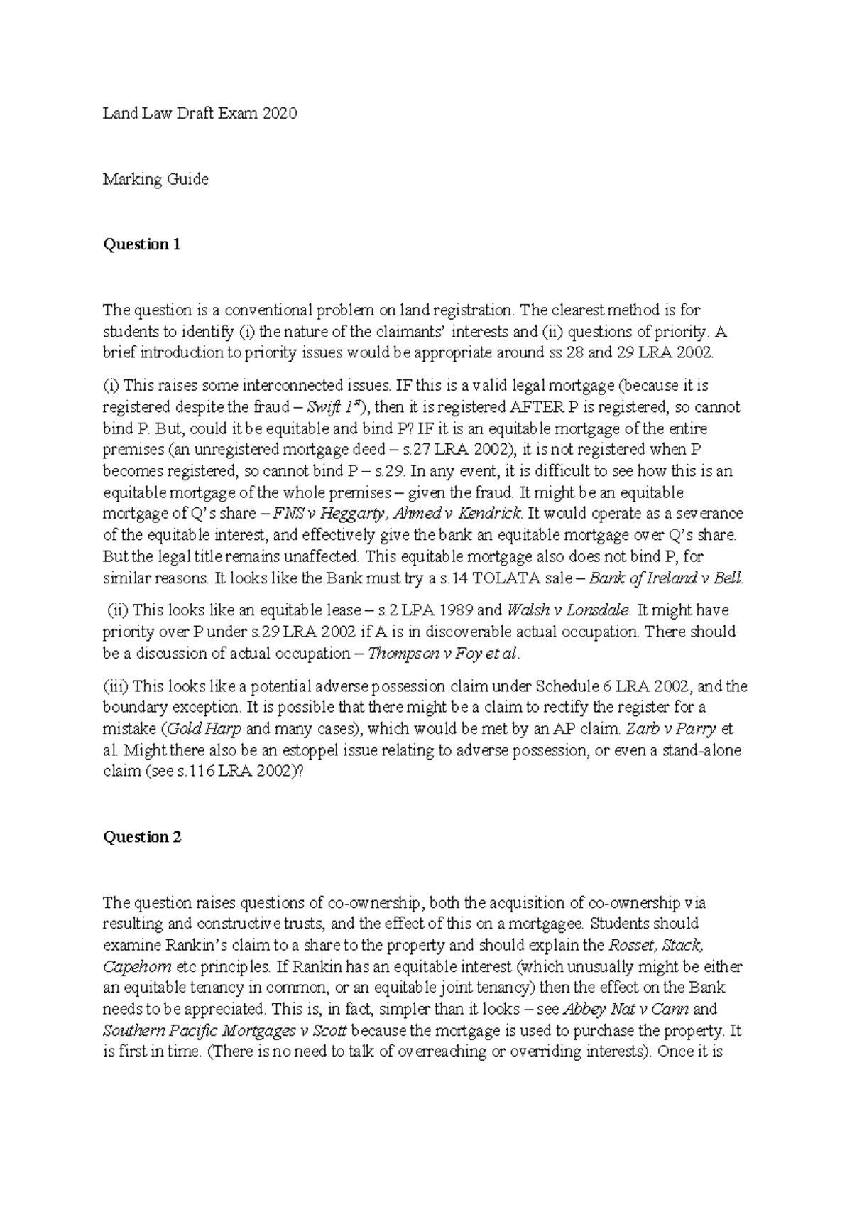 Marking guide GDL 2020 - Land Law Draft Exam 2020 Marking Guide ...