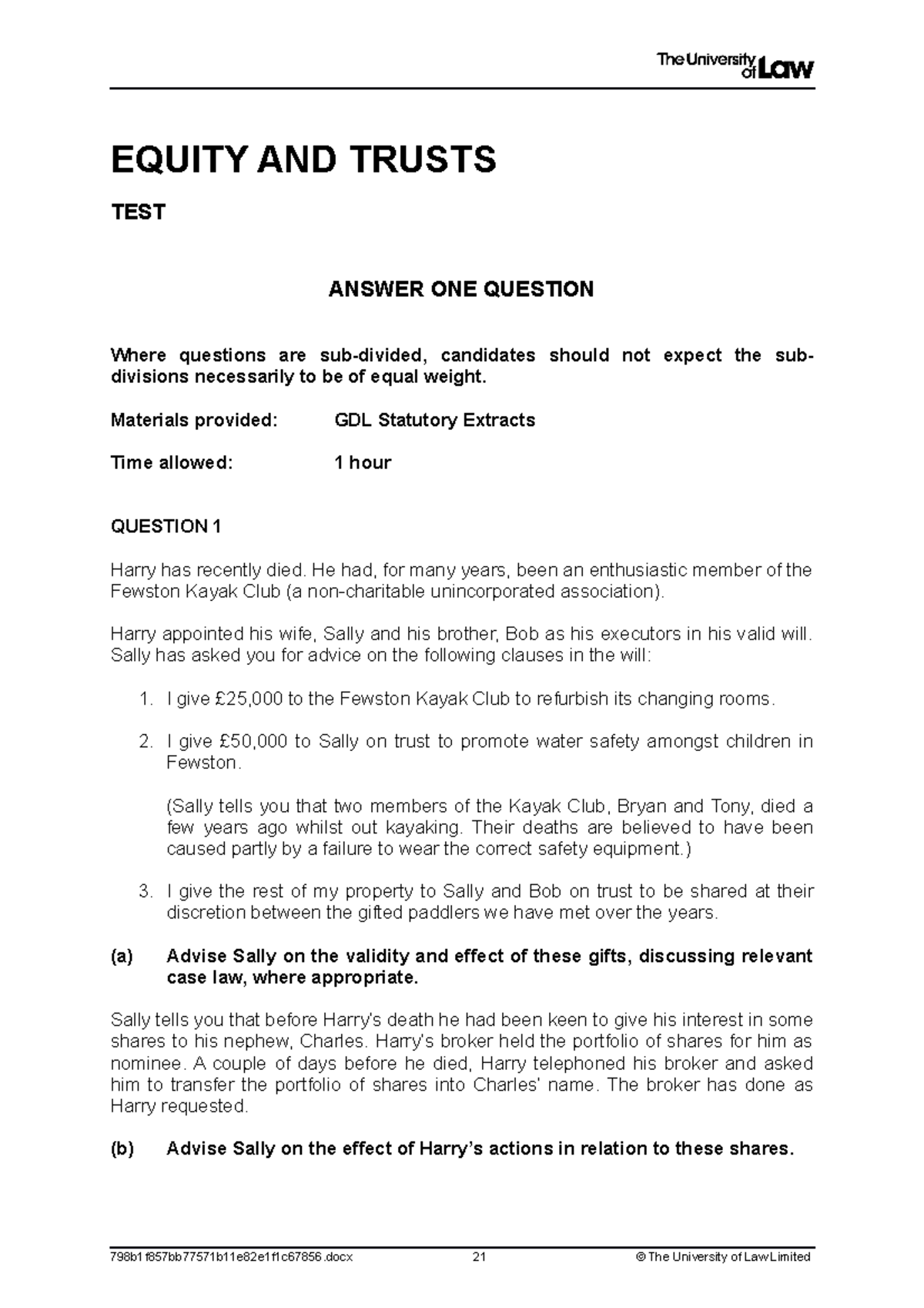 1920 a equity ce02 practice test - EQUITY AND TRUSTS TEST ANSWER ONE ...