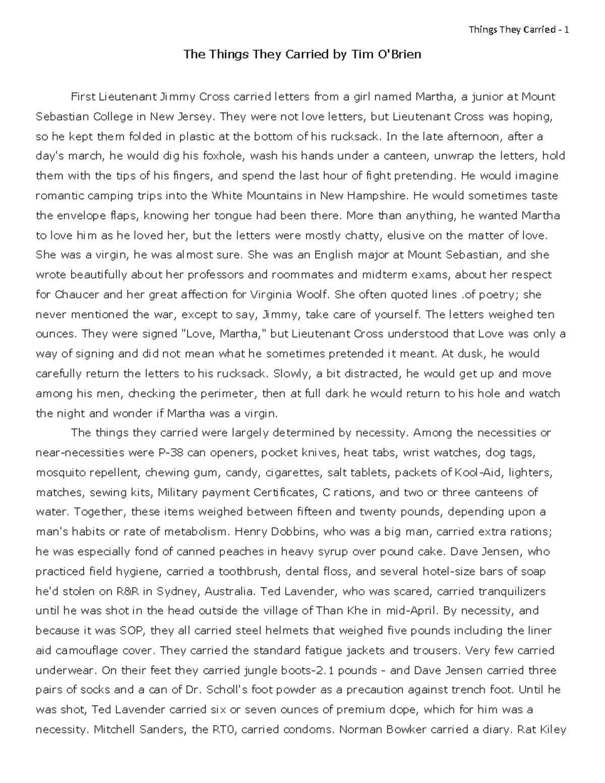 O Brien - The Things They Carried - Things They Carried - 1 The Things ...