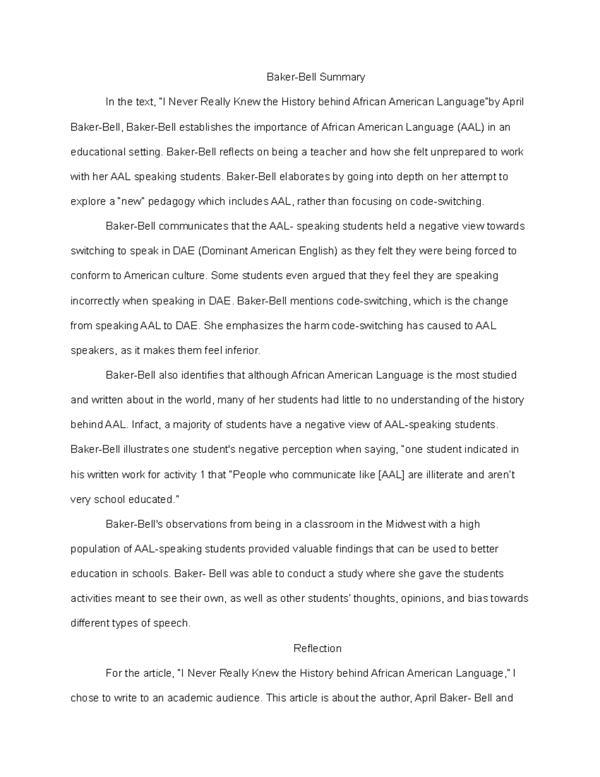 Baker Bell Summary - English 101 - Baker-Bell Summary In the text, “I ...