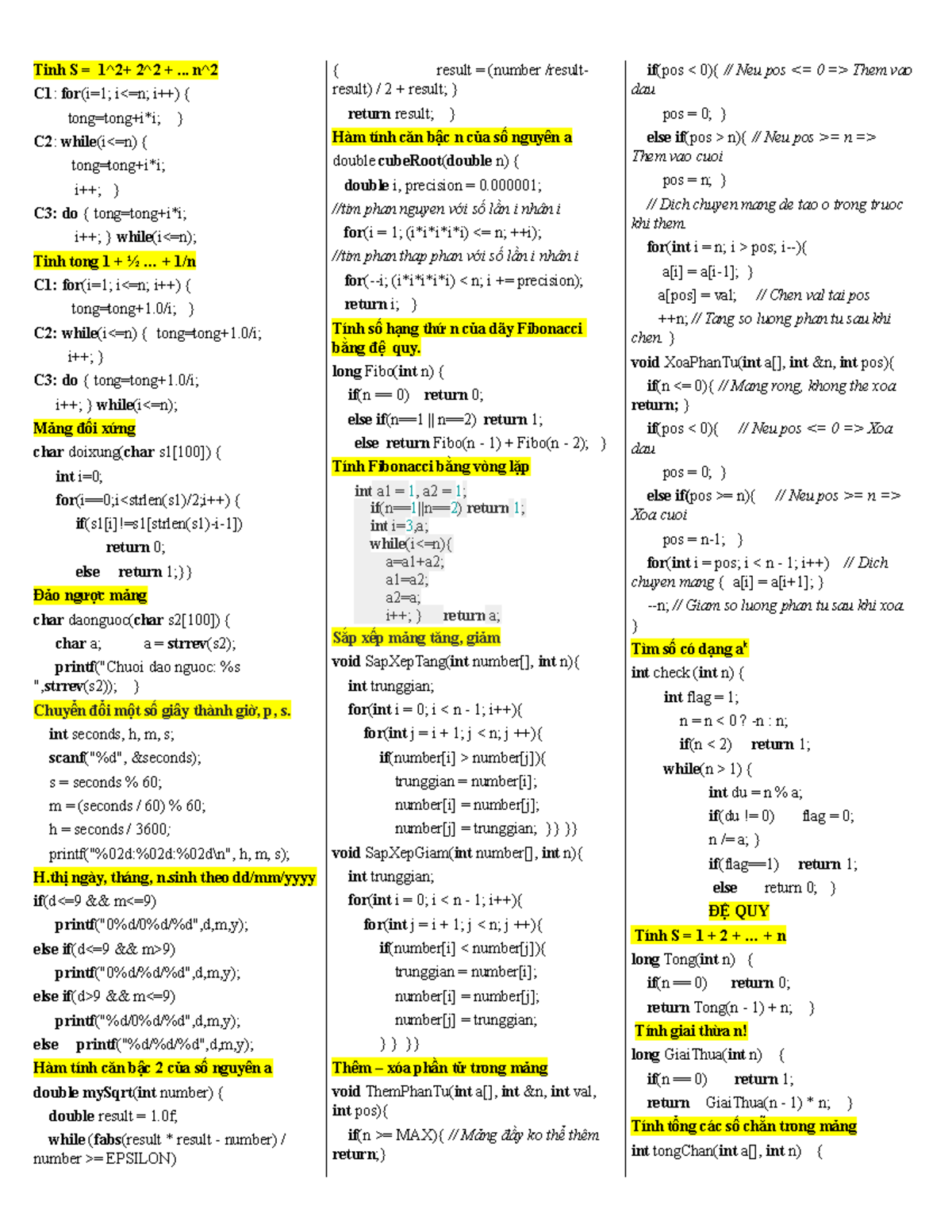 Code C - Code chính giải bài tập lập trình căn bản - Tinh S = 1^2+ 2^2 ...