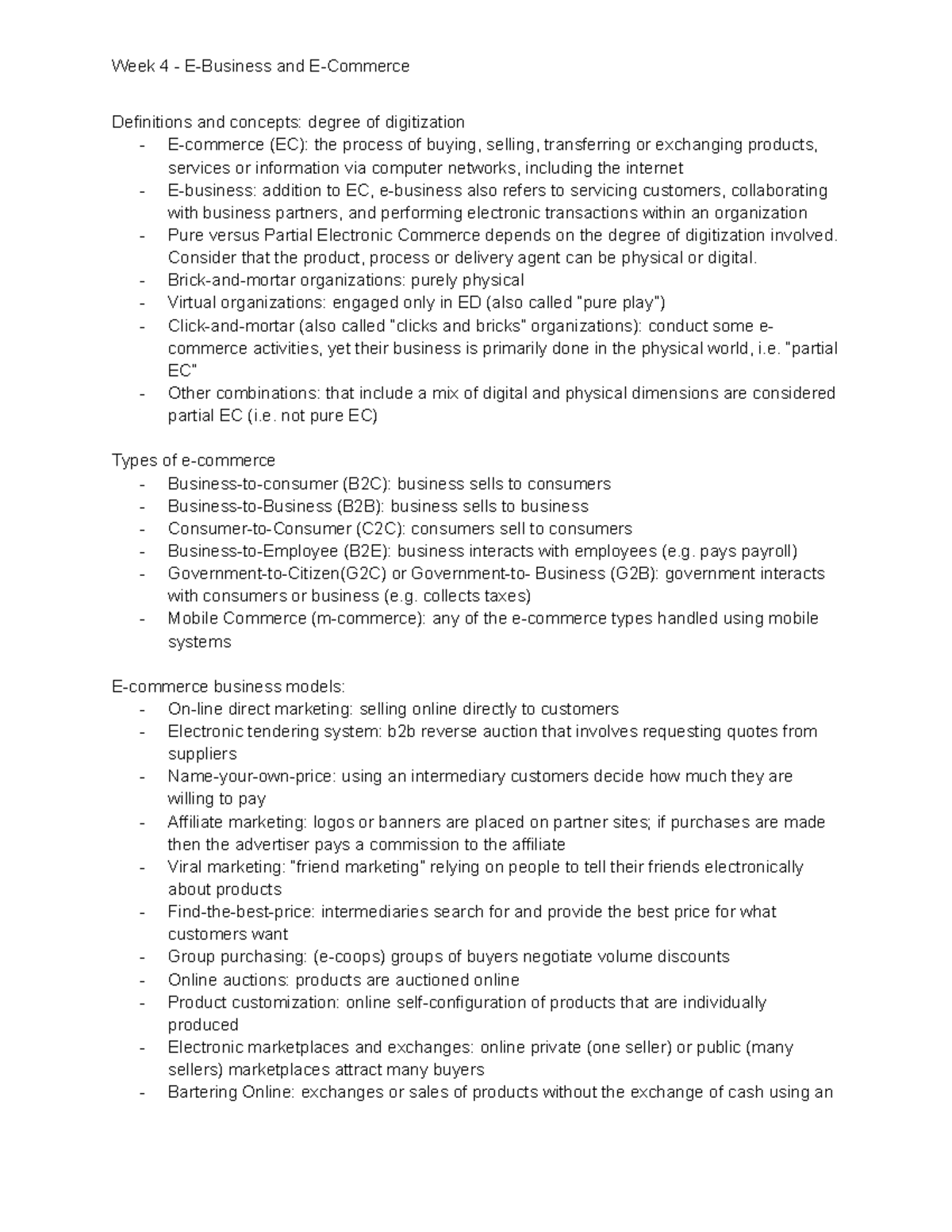 Week 4 Lecture And Textbook Notes Week 4 E Business And E Commerce Definitions And