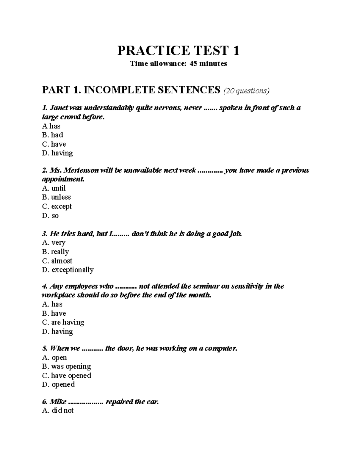 Practice TEST 1- Toeic 1 - PRACTICE TEST 1 Time allowance: 45 minutes ...