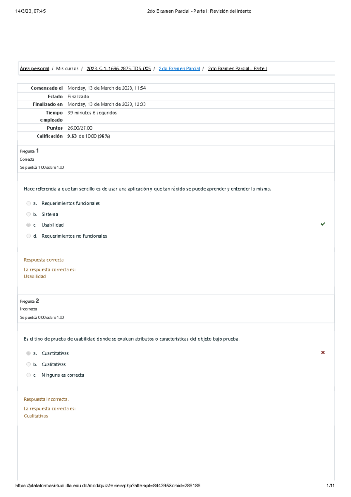 2do Examen Parcial - Parte I Revisión del intento - Comenzado el Monday, 13 de March de 2023, 11 ...