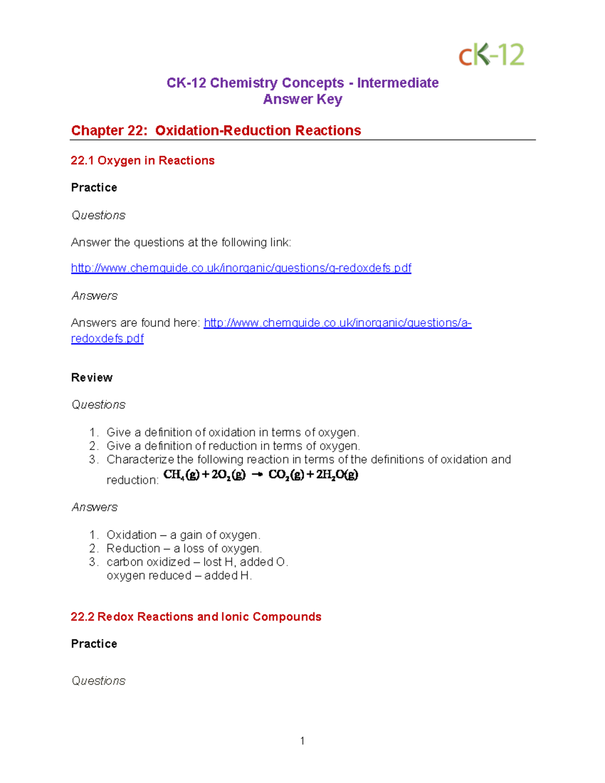 Chem Int CC Ch 22 - Oxidation-Reduction Reactions - Answers - CK- 12 ...