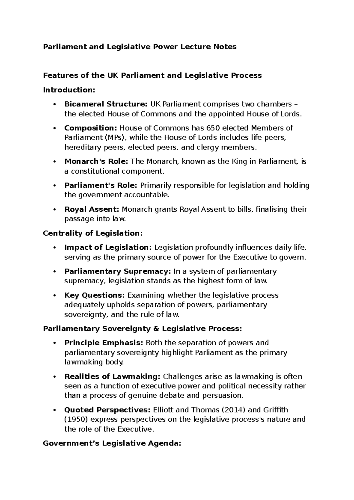 Parliament and Legislative Power Lecture Notes - Composition: House of ...