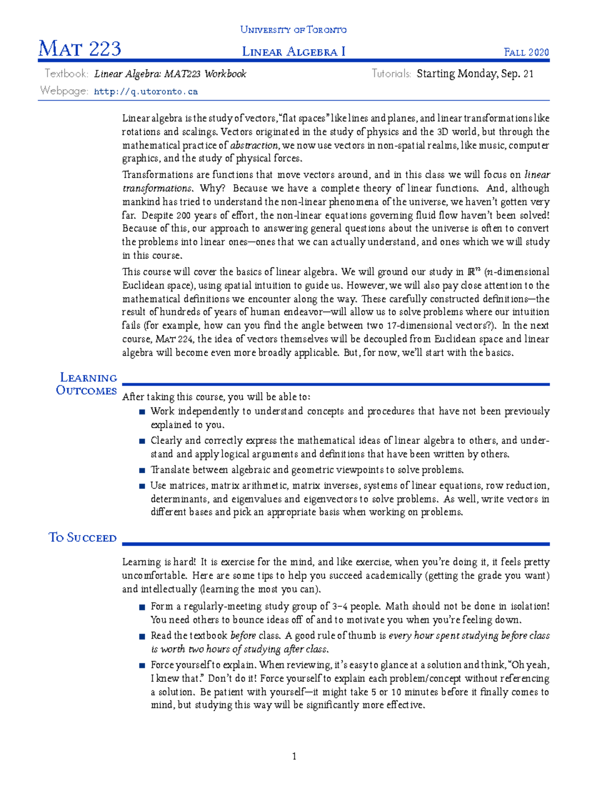 MAT223 2020Fall Syllabus - University ofToronto Mat 223 Linear Algebra ...