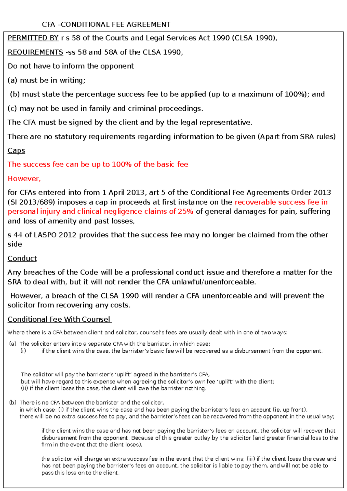 PI Workshop 1 - CFA - lol - CFA –CONDITIONAL FEE AGREEMENT PERMITTED BY ...