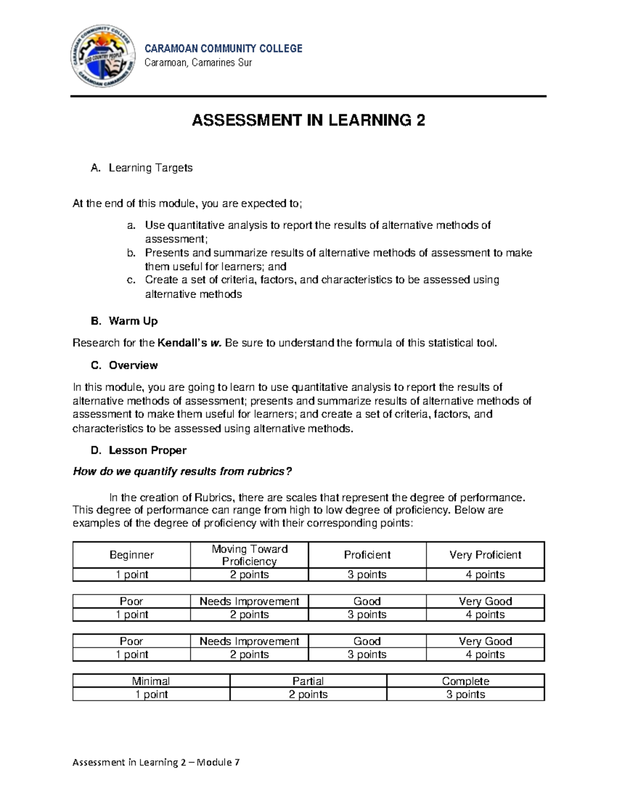 Assessment in Learning 2 (Prof Ed 9) Module 7 - Caramoan, Camarines Sur ...