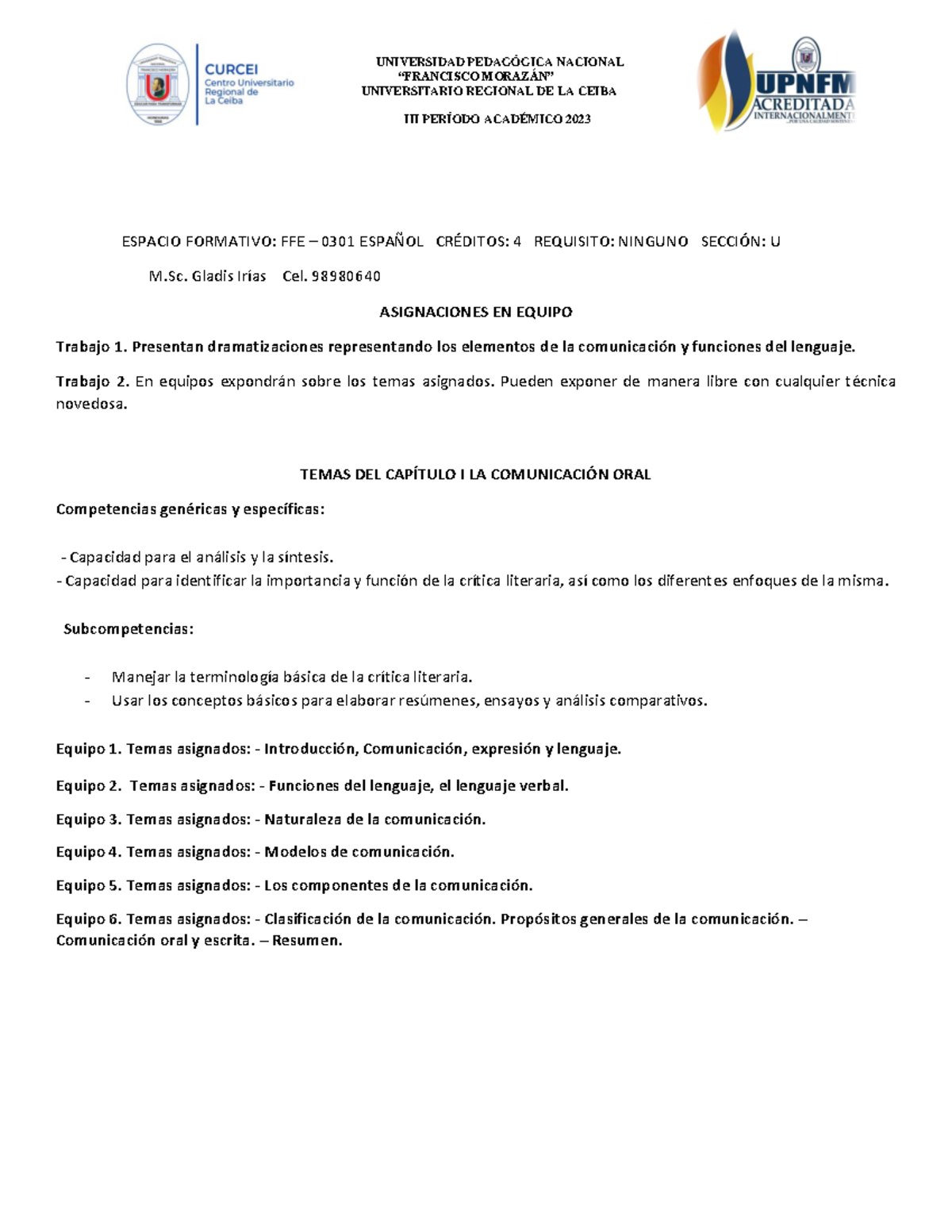 Asignación 1. Español III PAC Secc. U Curcei 2023 - UNIVERSIDAD ...