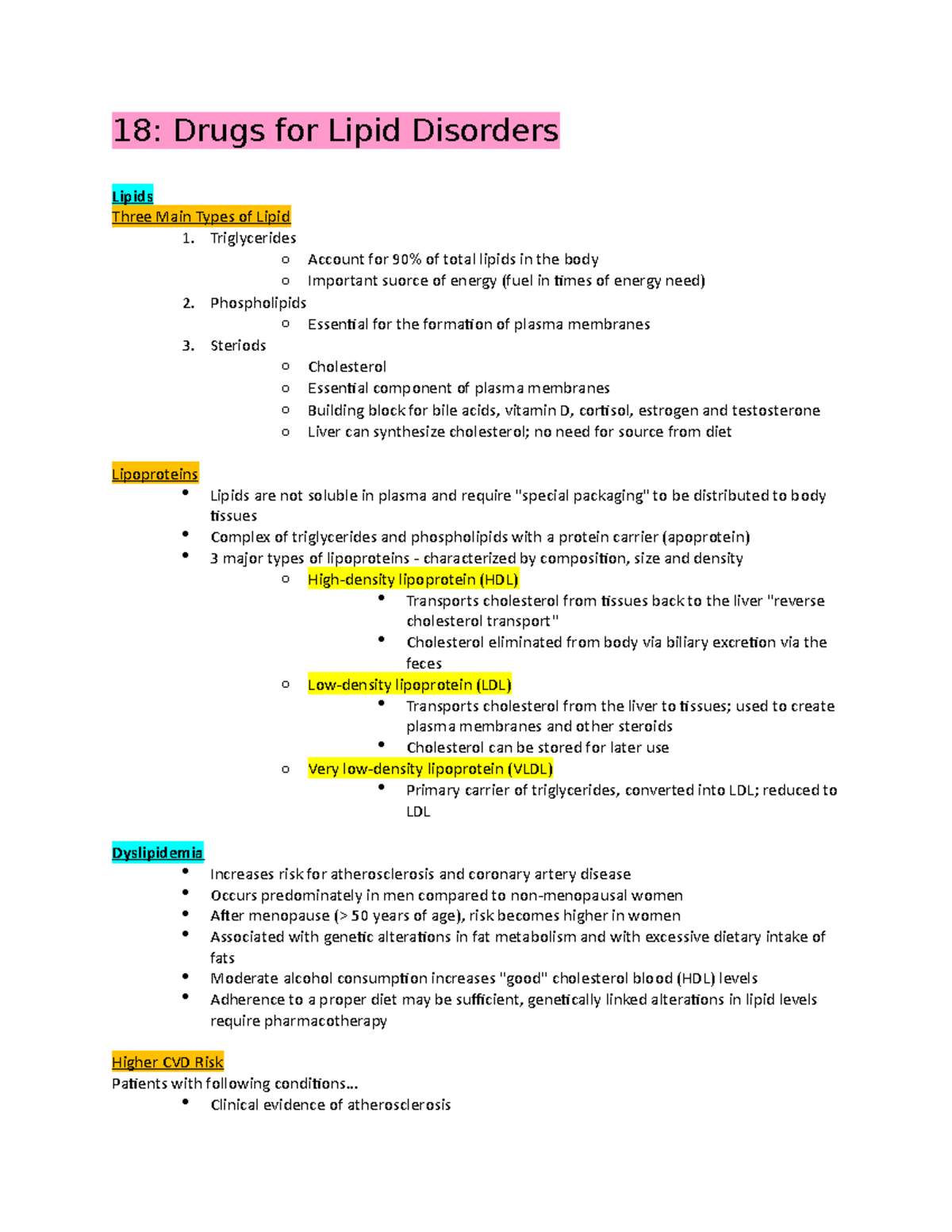 Lecture 18 Notes - 18: Drugs for Lipid Disorders Lipids Three Main ...