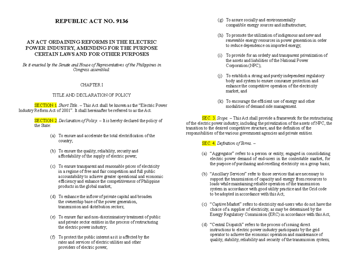 Epira RA9136 - REPUBLIC ACT NO. 9136 AN ACT ORDAINING REFORMS IN THE ...