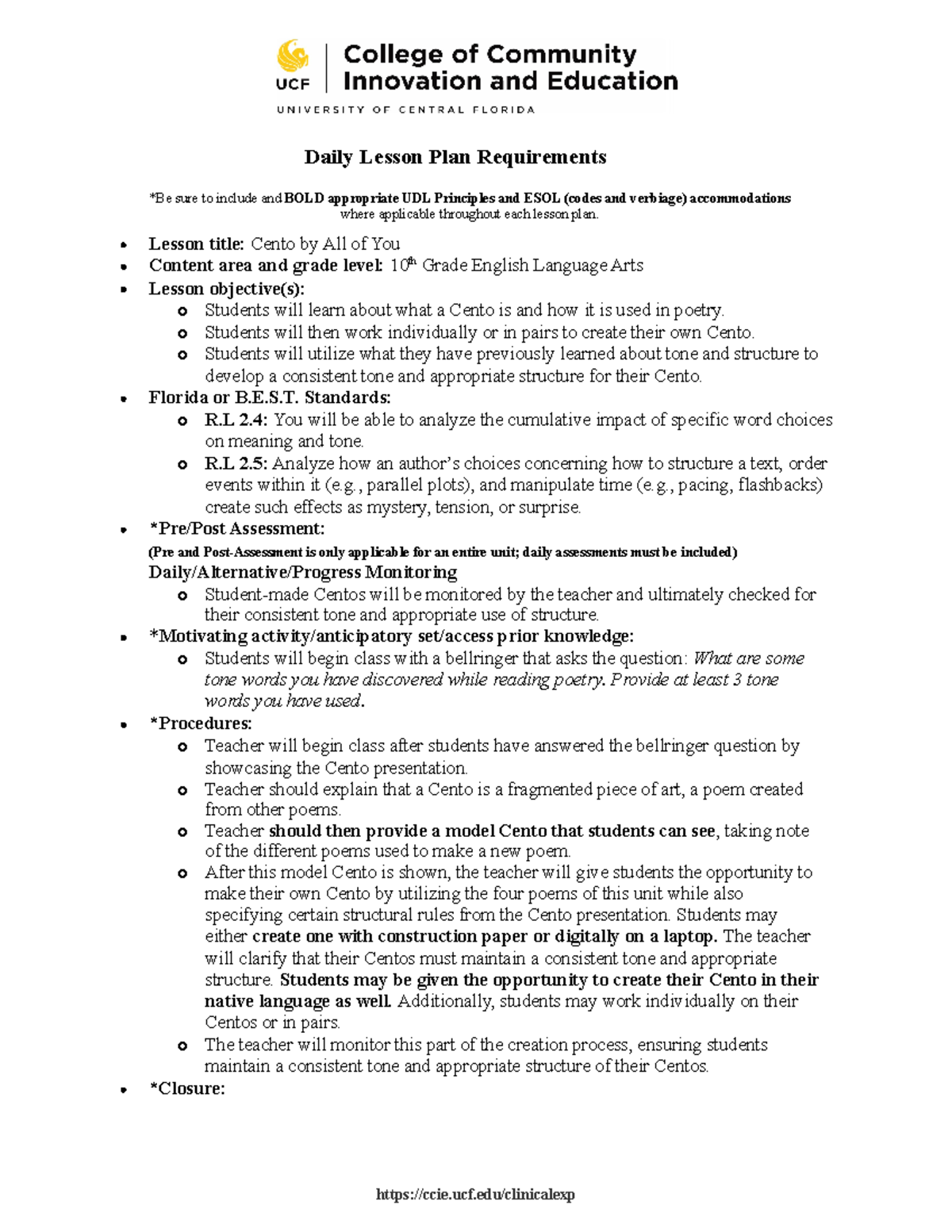 Student Teacher Observation III Internship I - Daily Lesson Plan ...