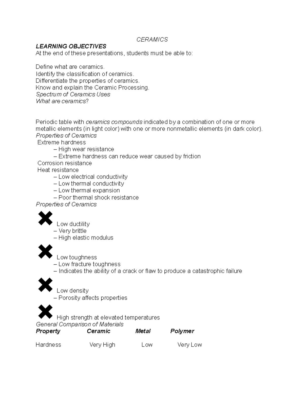 Ceramics - CERAMICS LEARNING OBJECTIVES At the end of these ...