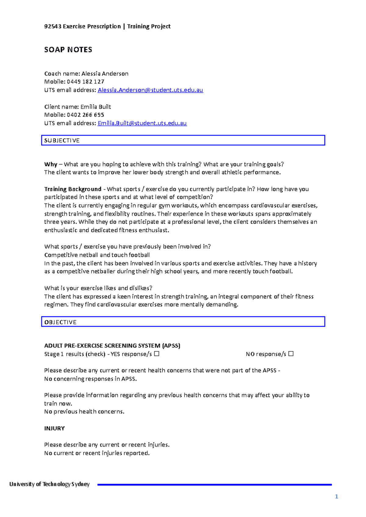 EP Training Project Client SOAP notes - SOAP NOTES Coach name: Alessia ...