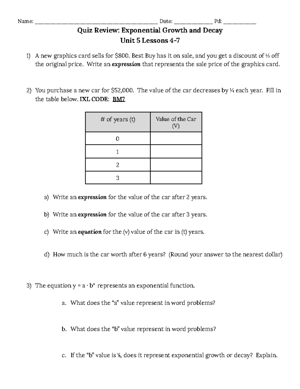 Quiz Review Exponential Growth and Decay - Name