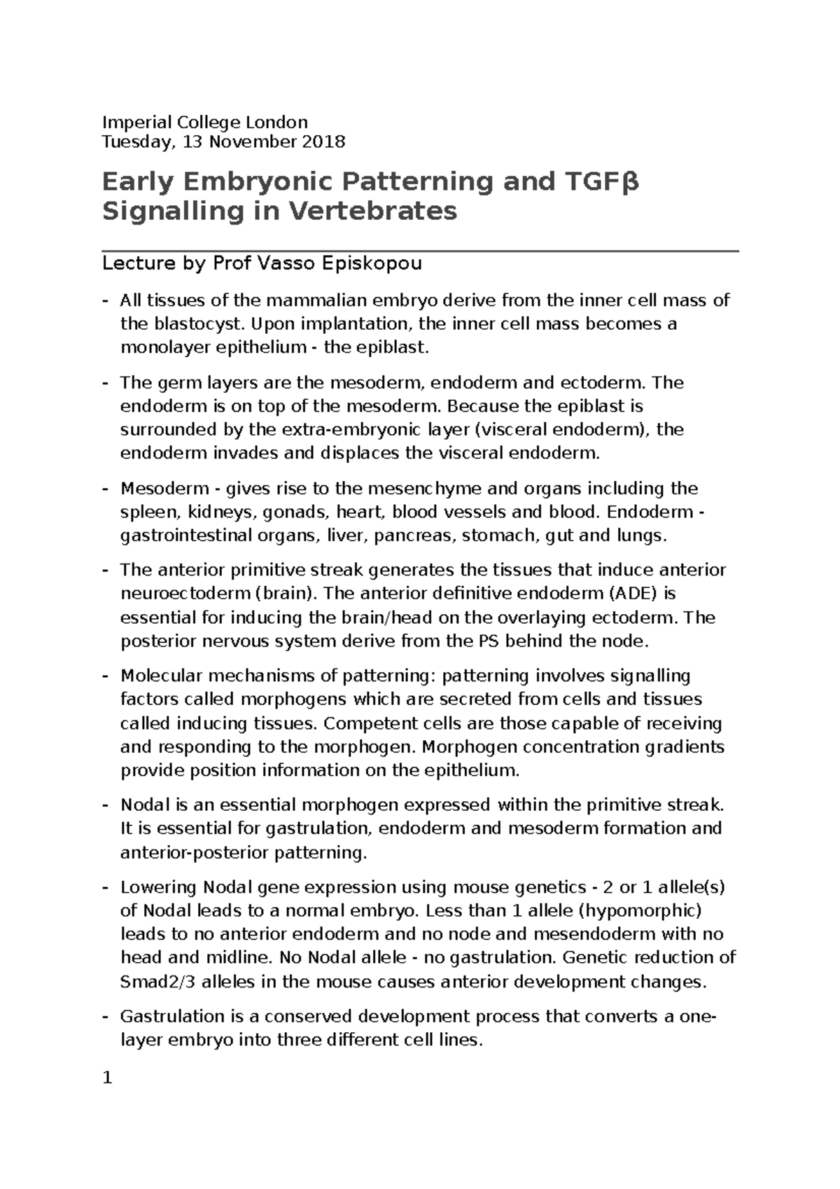Early Embryonic Patterning and TGFβ Signalling in Vertebrates - 13 ...