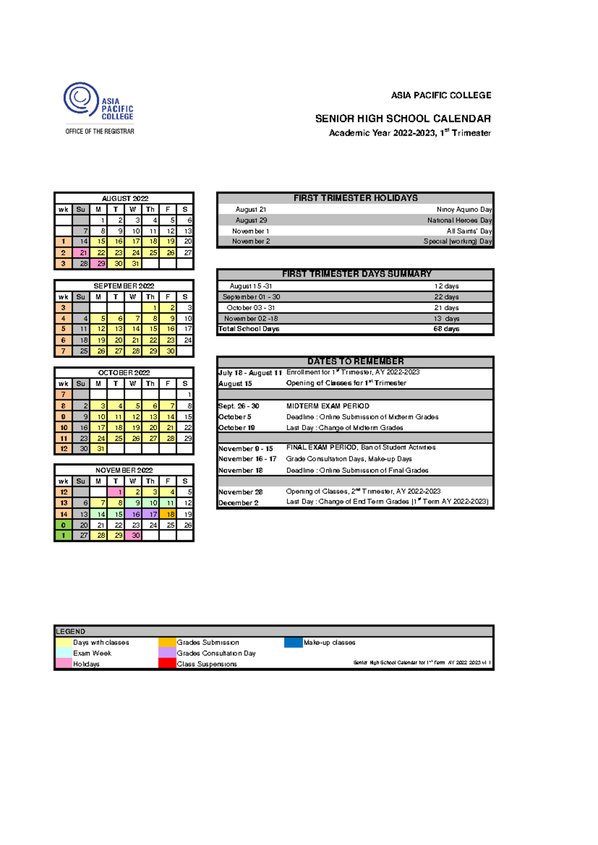 SHS Calendar Term 1 AY 2022 2023 v1iiii - wk Su M T W Th F S August 21 ...