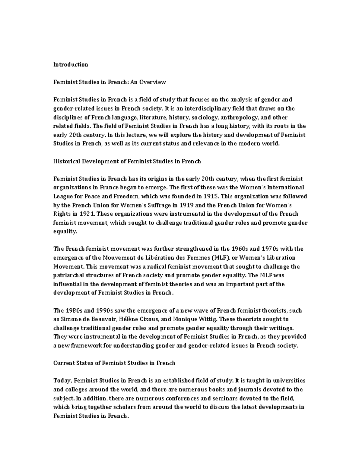 Feminist Studies - Introduction Feminist Studies in French: An Overview ...