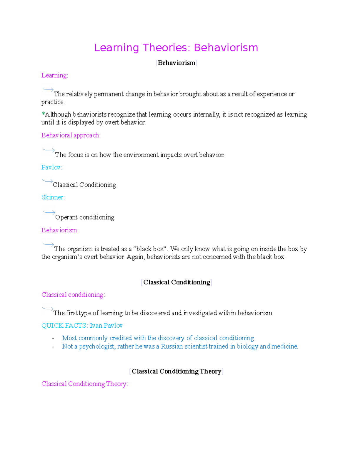 Learning Theories: Behaviorism (class year: spring 2022) - Learning ...