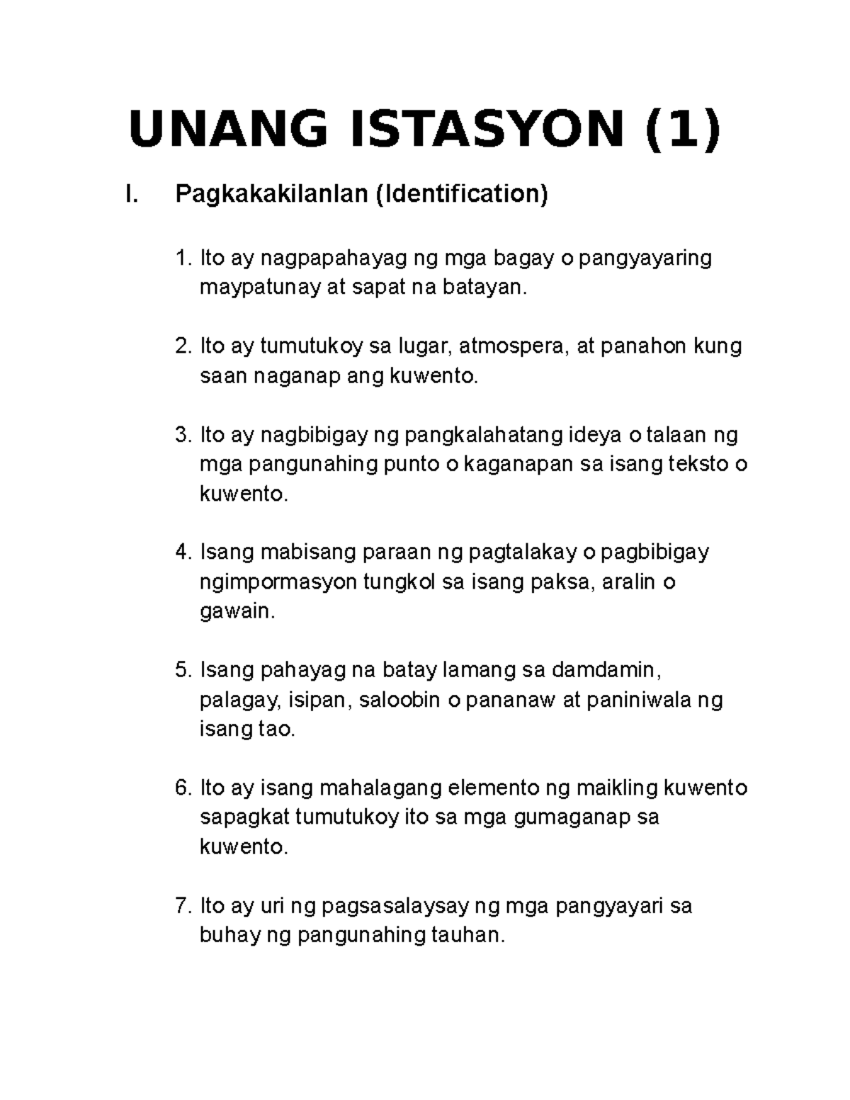Filipino-QUIZ - UNANG ISTASYON (1) I. Pagkakakilanlan (Identification ...