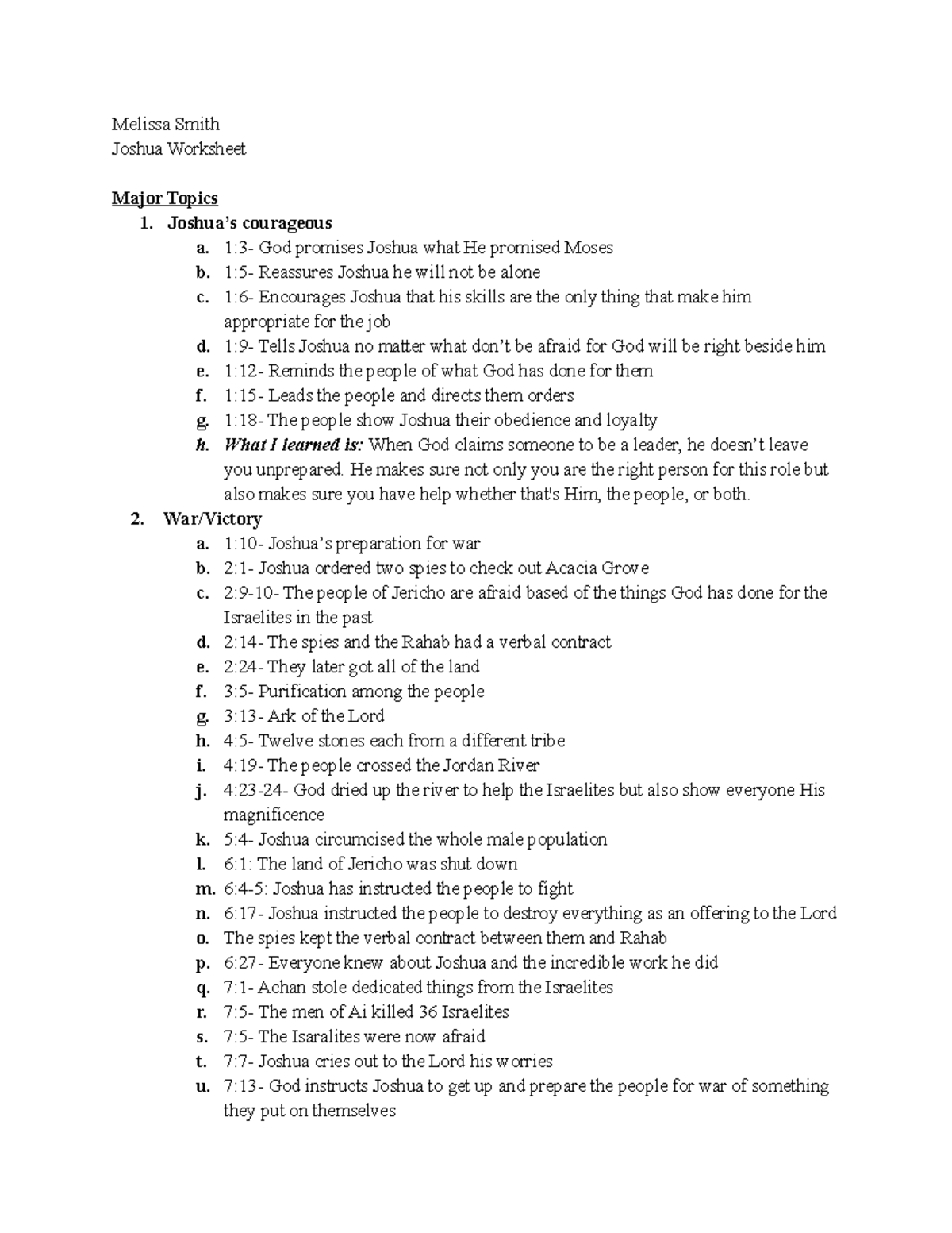 Joshua W S - Melissa Smith Joshua Worksheet Major Topics 1. Joshua’s ...