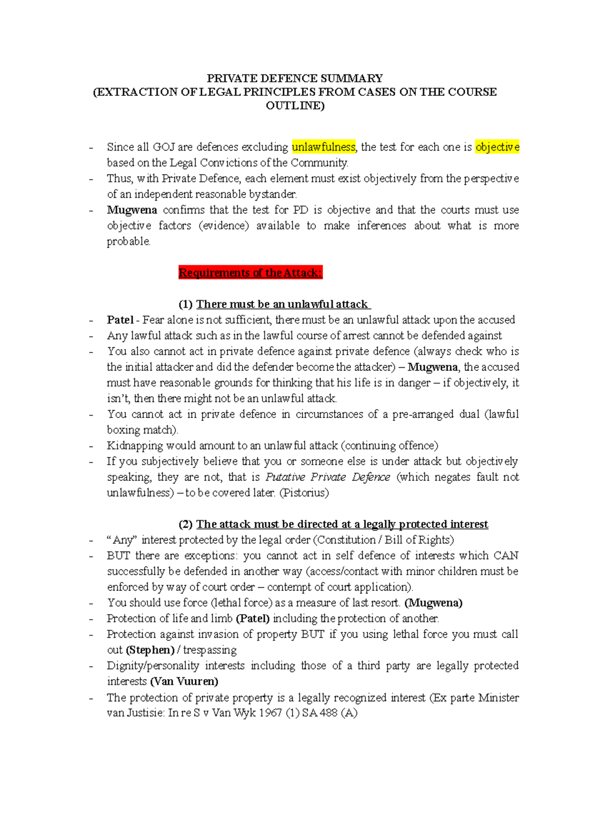 Criminal Law Private Defence Principles Summary Part 3 - PRIVATE ...